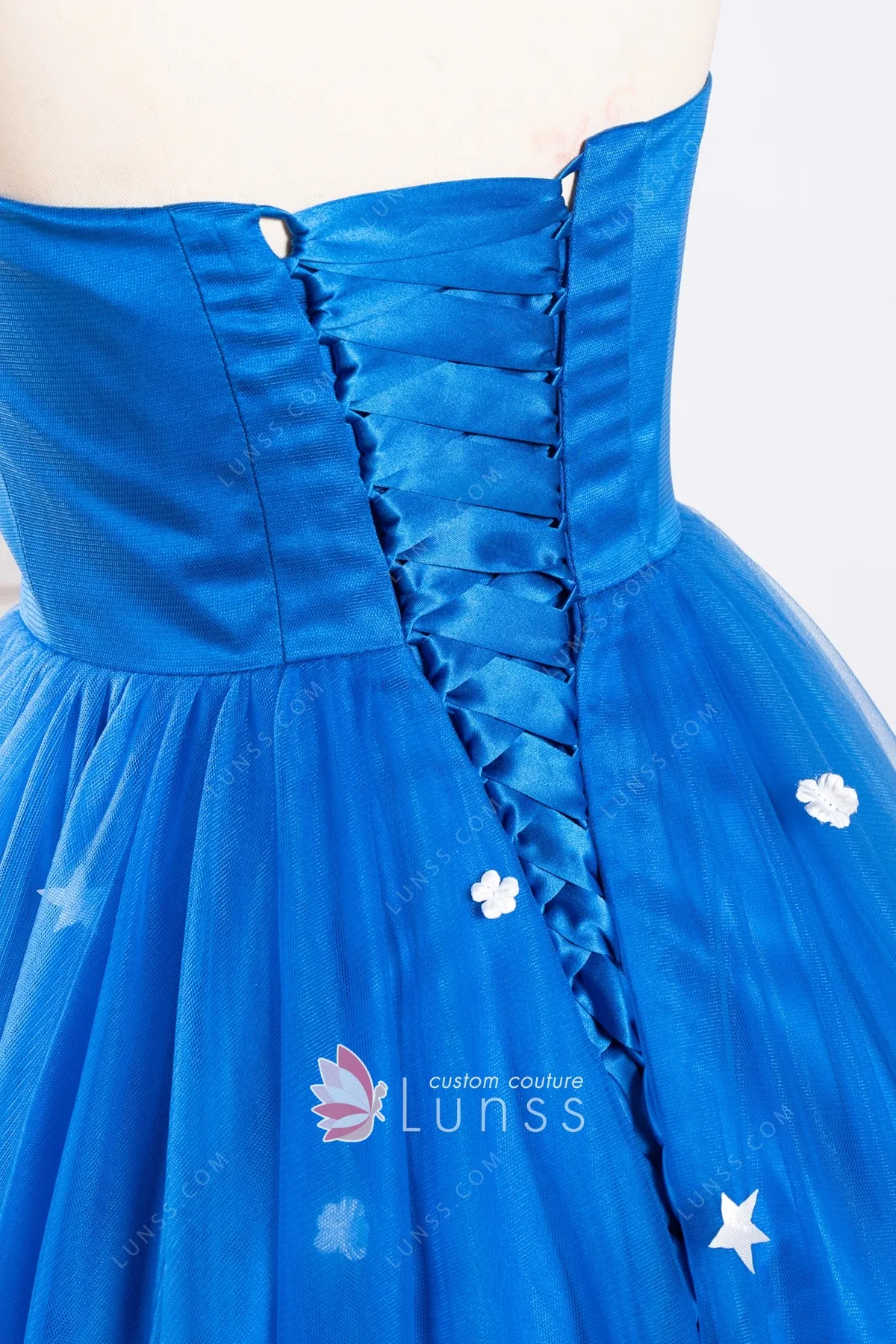 Ocean Blue Tulle White Butterflies Strapless Prom Dress - Lunss