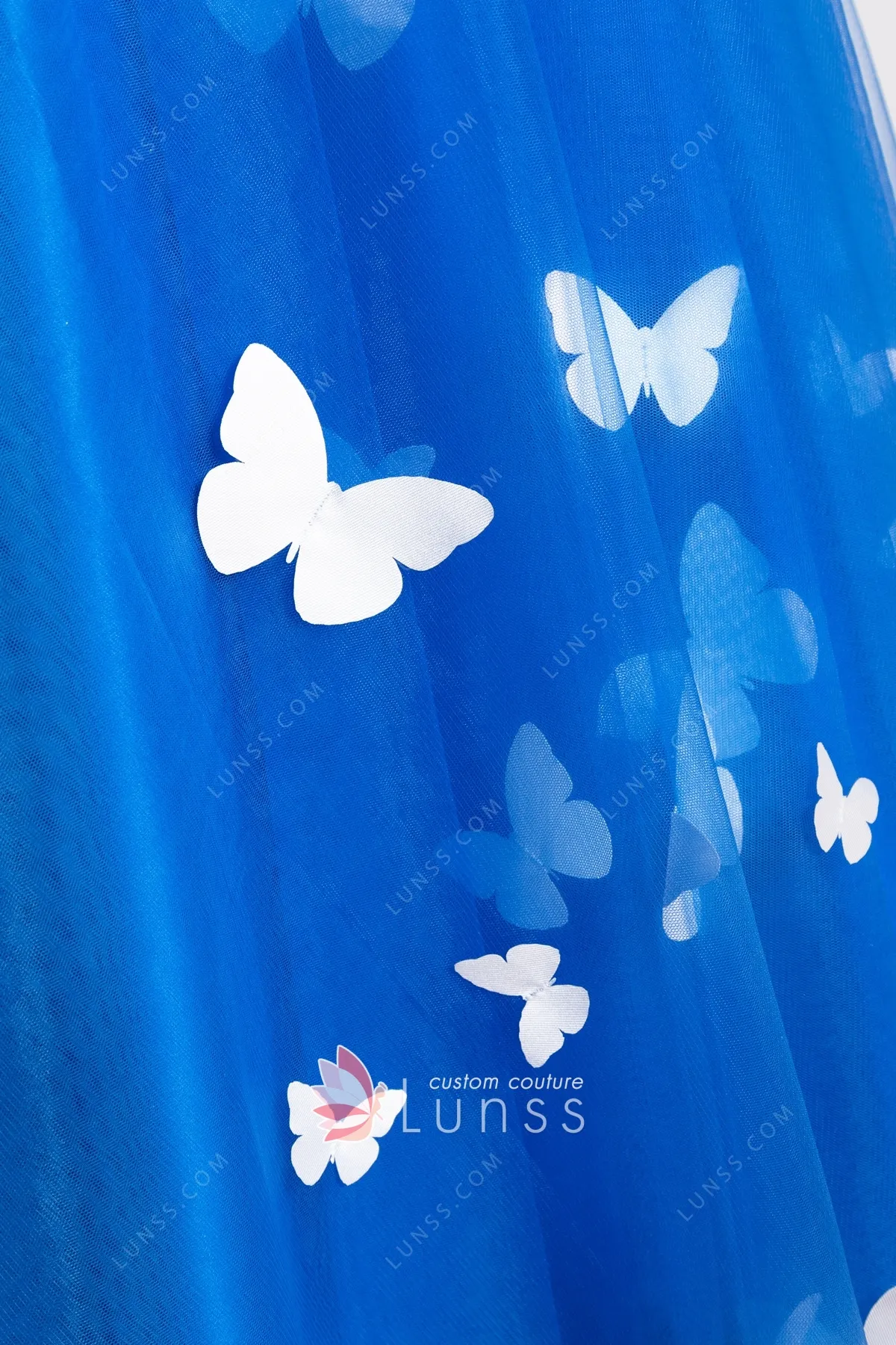 Ocean Blue Tulle White Butterflies Strapless Prom Dress - Lunss