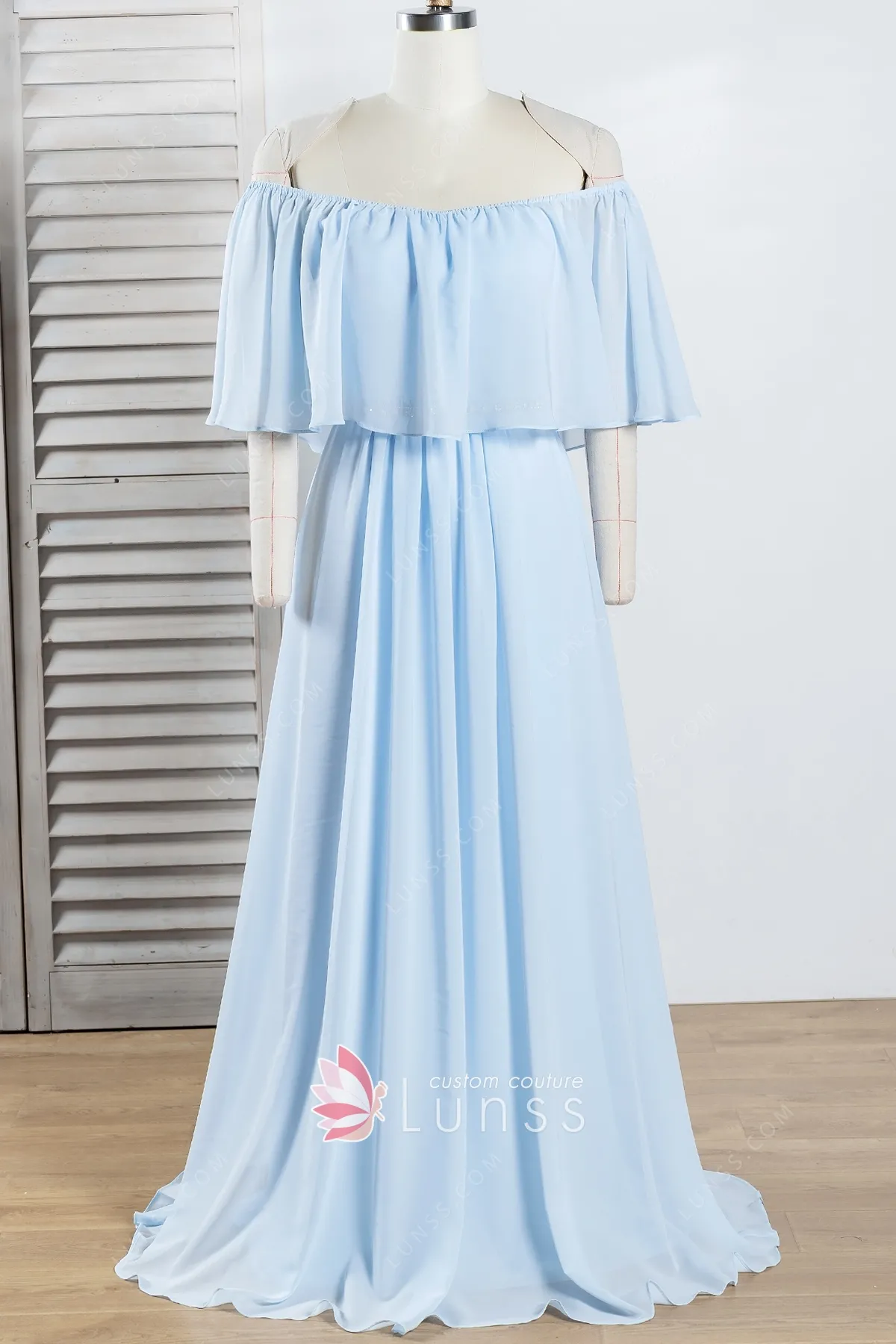 Elastic Off-the-shoulder Ruffled Light Blue Chiffon Dress - Lunss