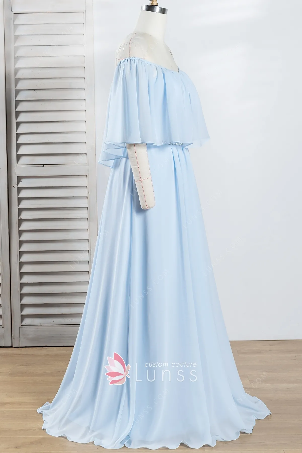 Elastic Off-the-shoulder Ruffled Light Blue Chiffon Dress - Lunss