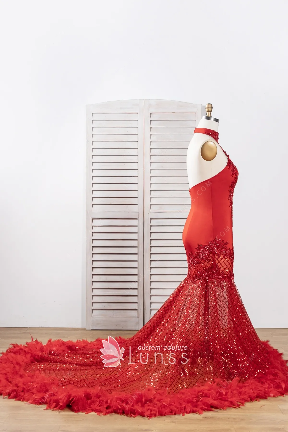 Beaded Jagged Lace Glitter Mesh Feather Train Prom Gown - Lunss