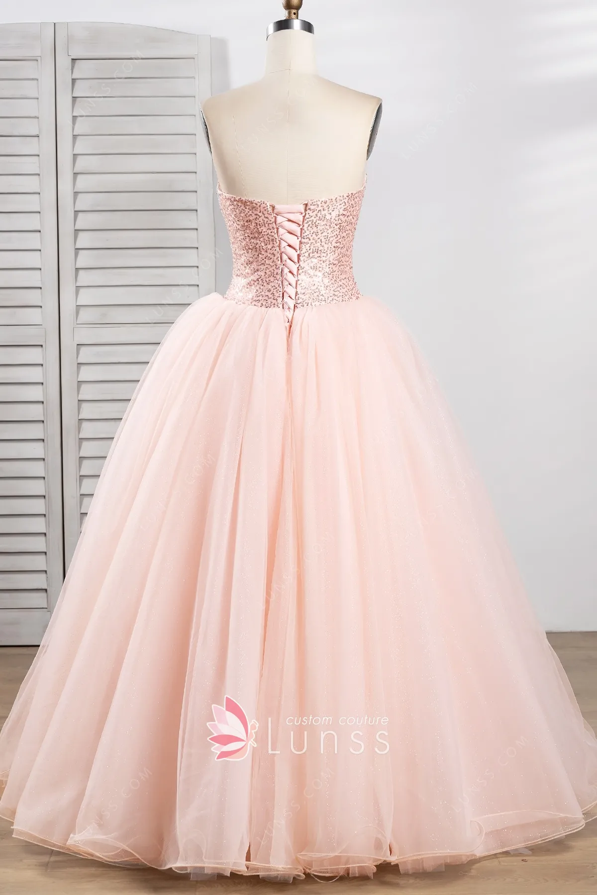Princess Basque Waist Peach Pink Glitter Tulle Ball Gown - Lunss