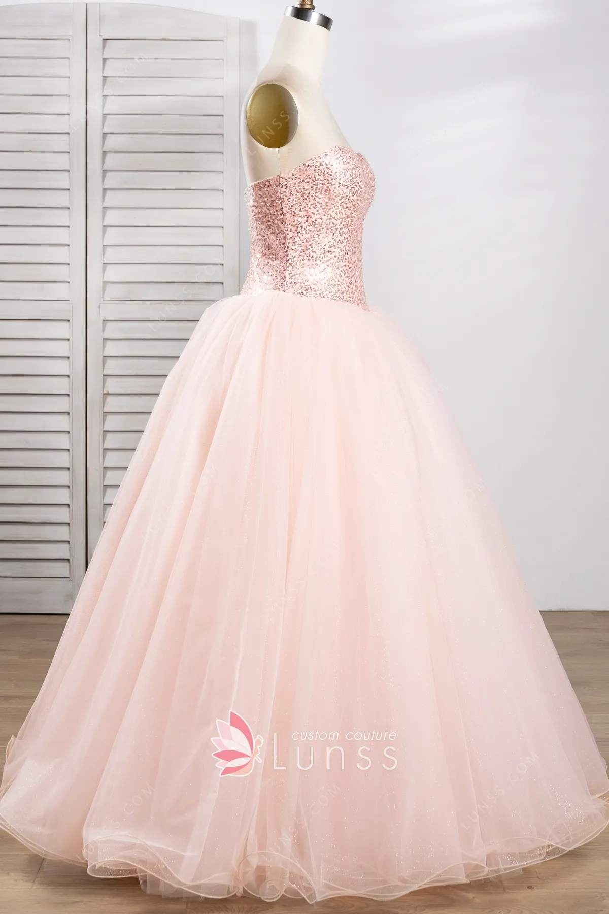 Princess Basque Waist Peach Pink Glitter Tulle Ball Gown - Lunss