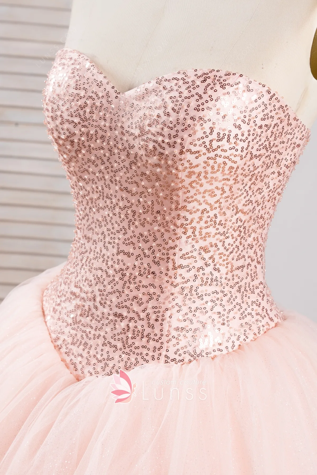 Princess Basque Waist Peach Pink Glitter Tulle Ball Gown - Lunss
