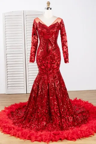 Red Sequin Ball Formal Gown Long Sparkle Prom Dress - Lunss