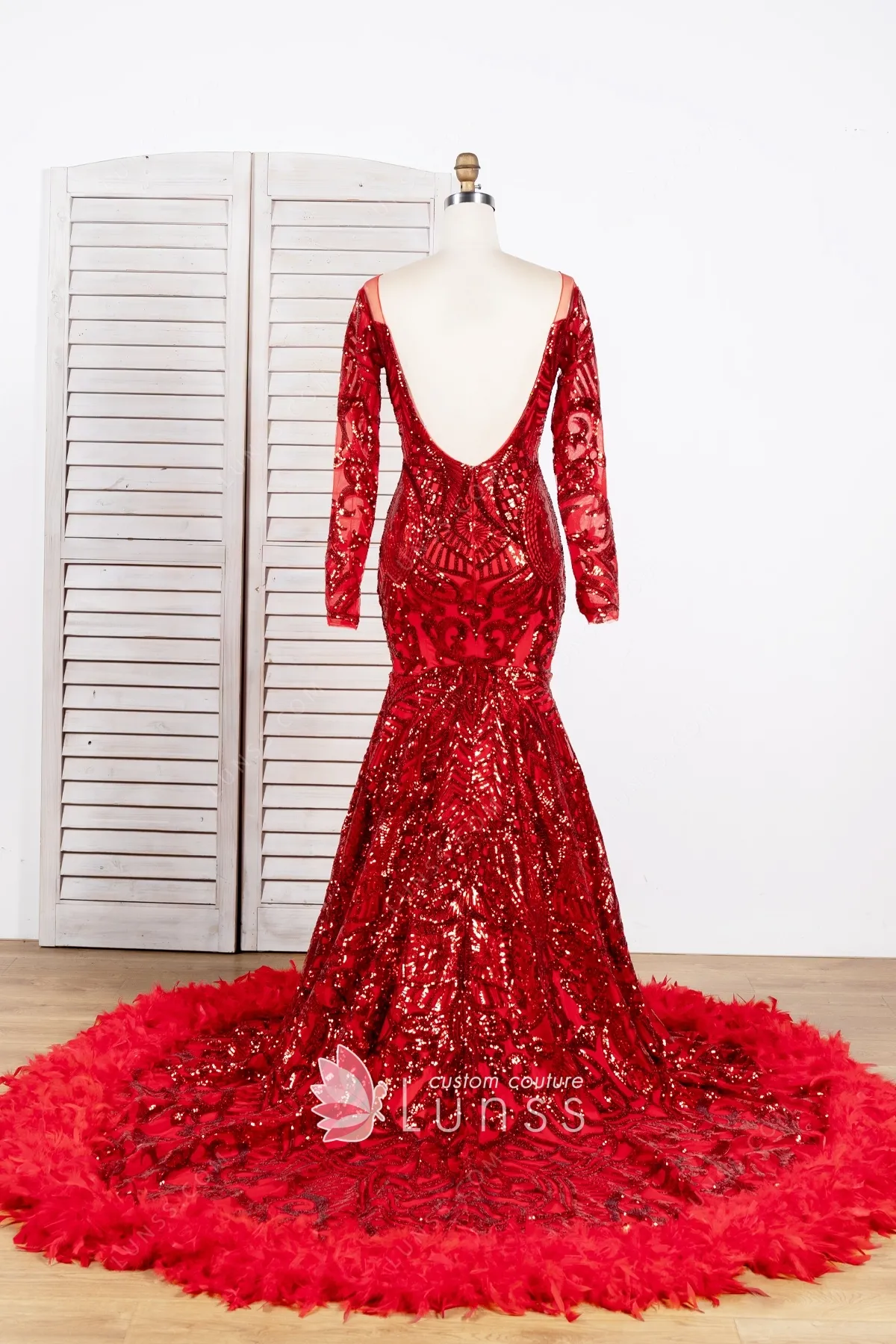 Sparkly Luxury Unique Red Sequin Feather Long Prom Dress - Lunss