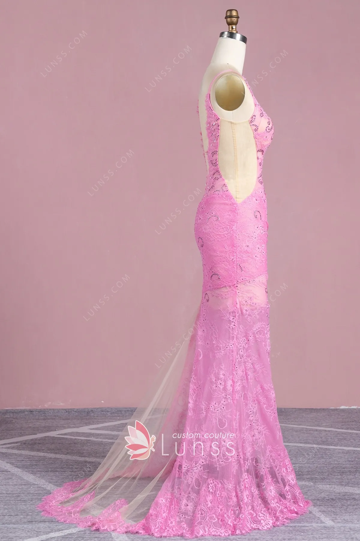 Sexy Beaded Candy Pink Sheer Lace Split Long Prom Dress - Lunss