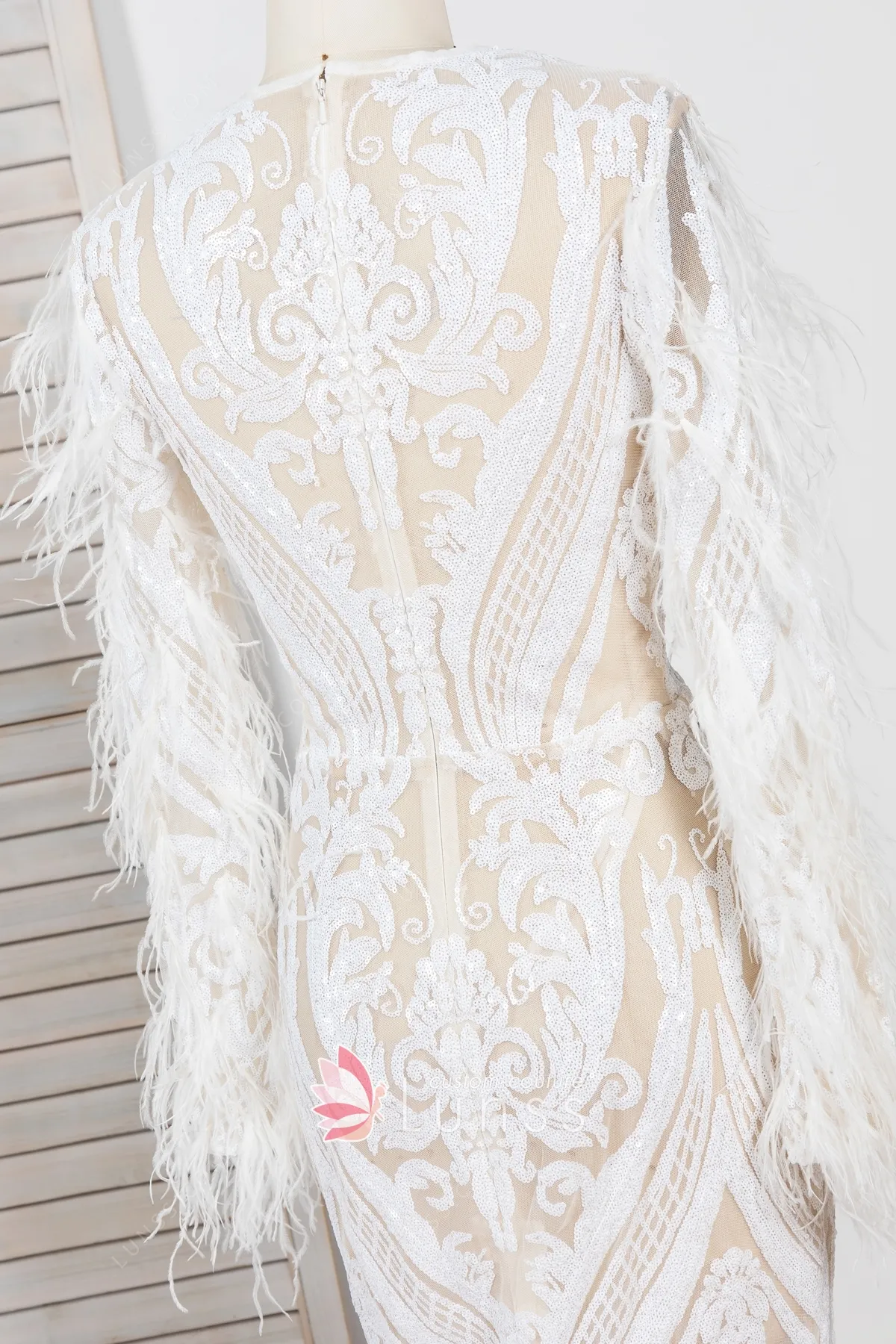 White Sequin Feathers Decor Leaf Long Train Prom Dress - Lunss