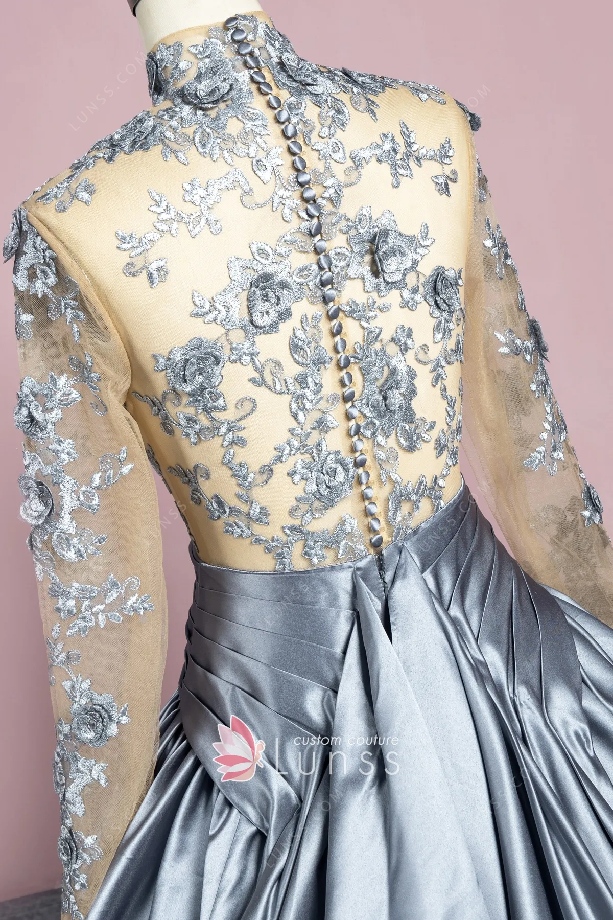 Gray 3D Flowers Illusion Top Satin Ball Gown Prom Dress - Lunss