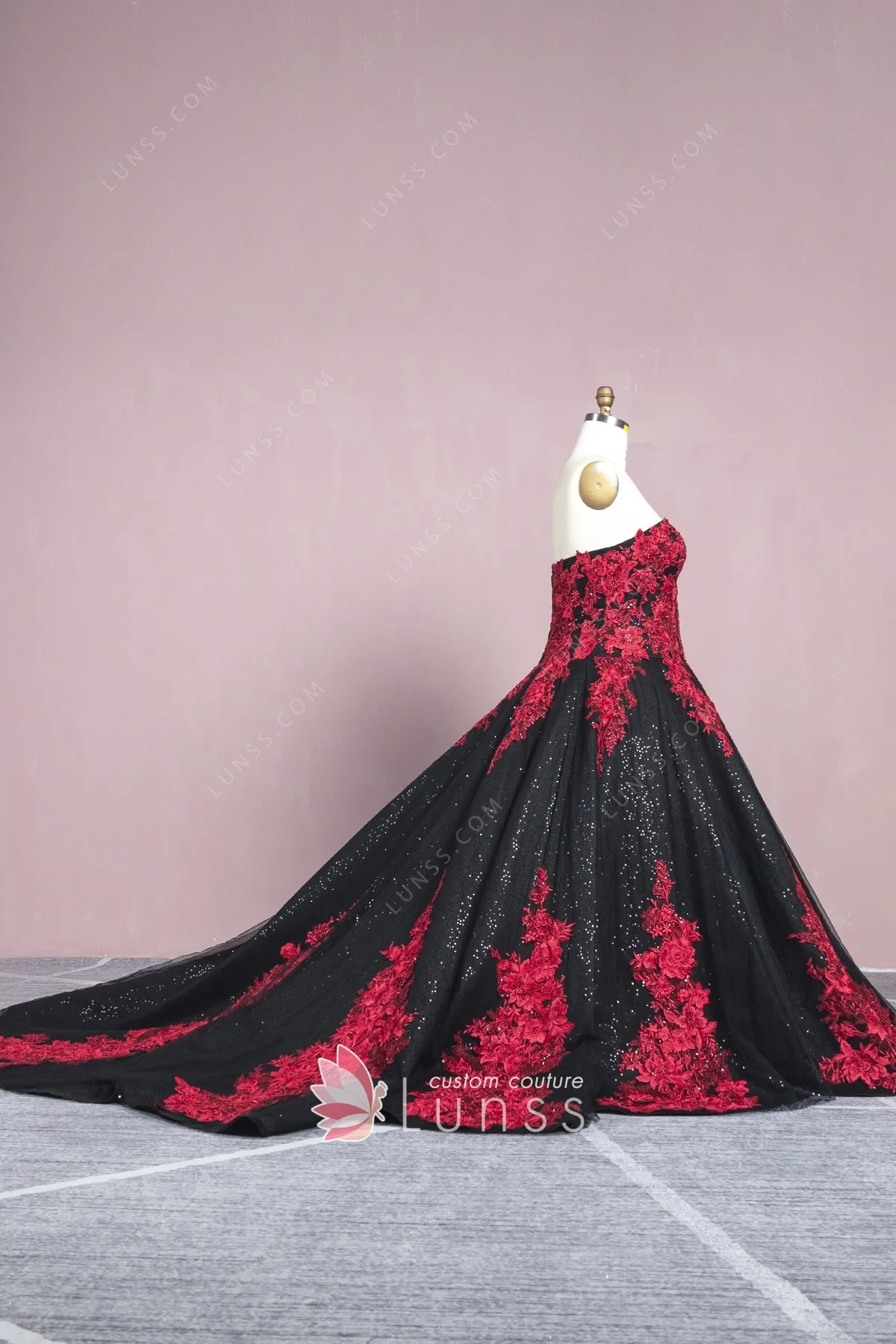 Black Sequin with Beaded Red Lace Applique Ball Gown - Lunss