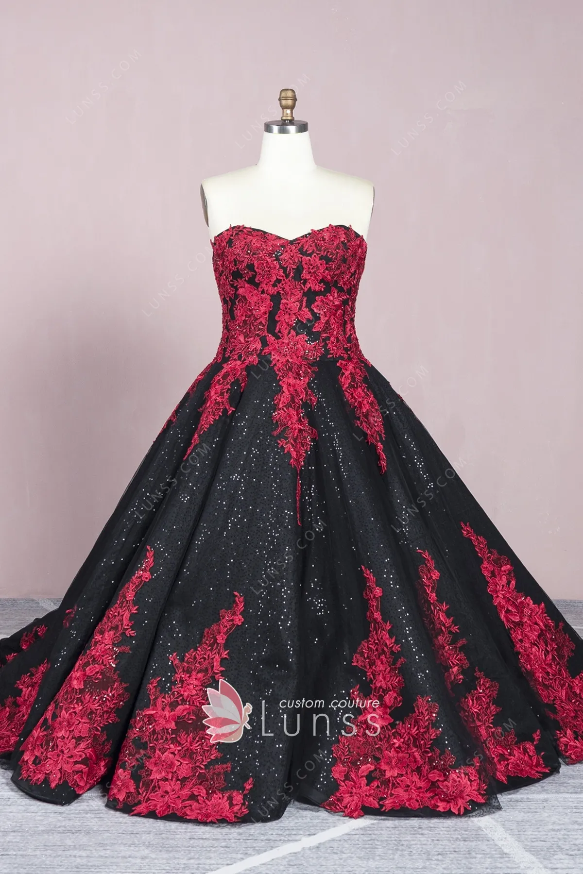 Black Sequin with Beaded Red Lace Applique Ball Gown - Lunss