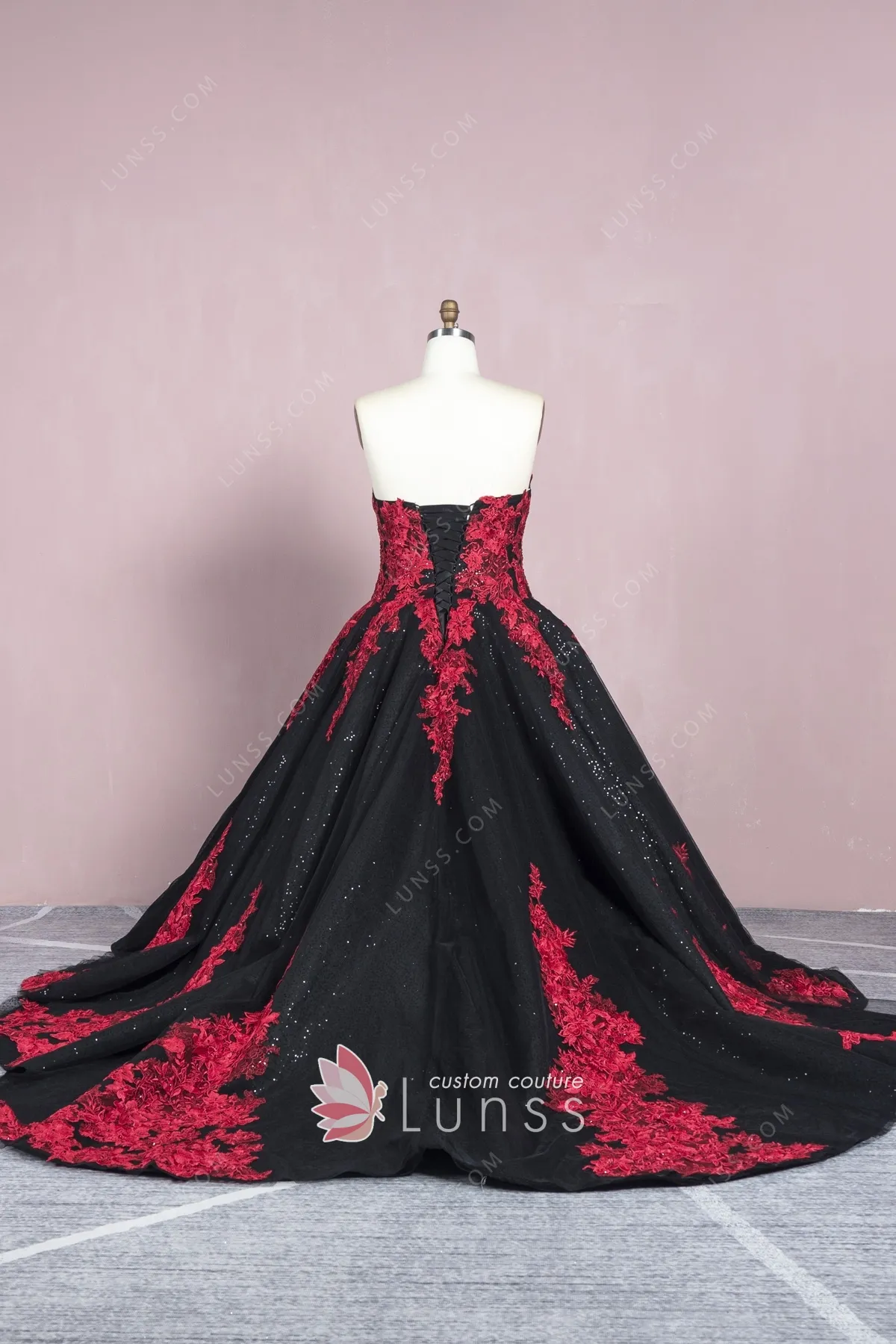 Black Sequin with Beaded Red Lace Applique Ball Gown - Lunss