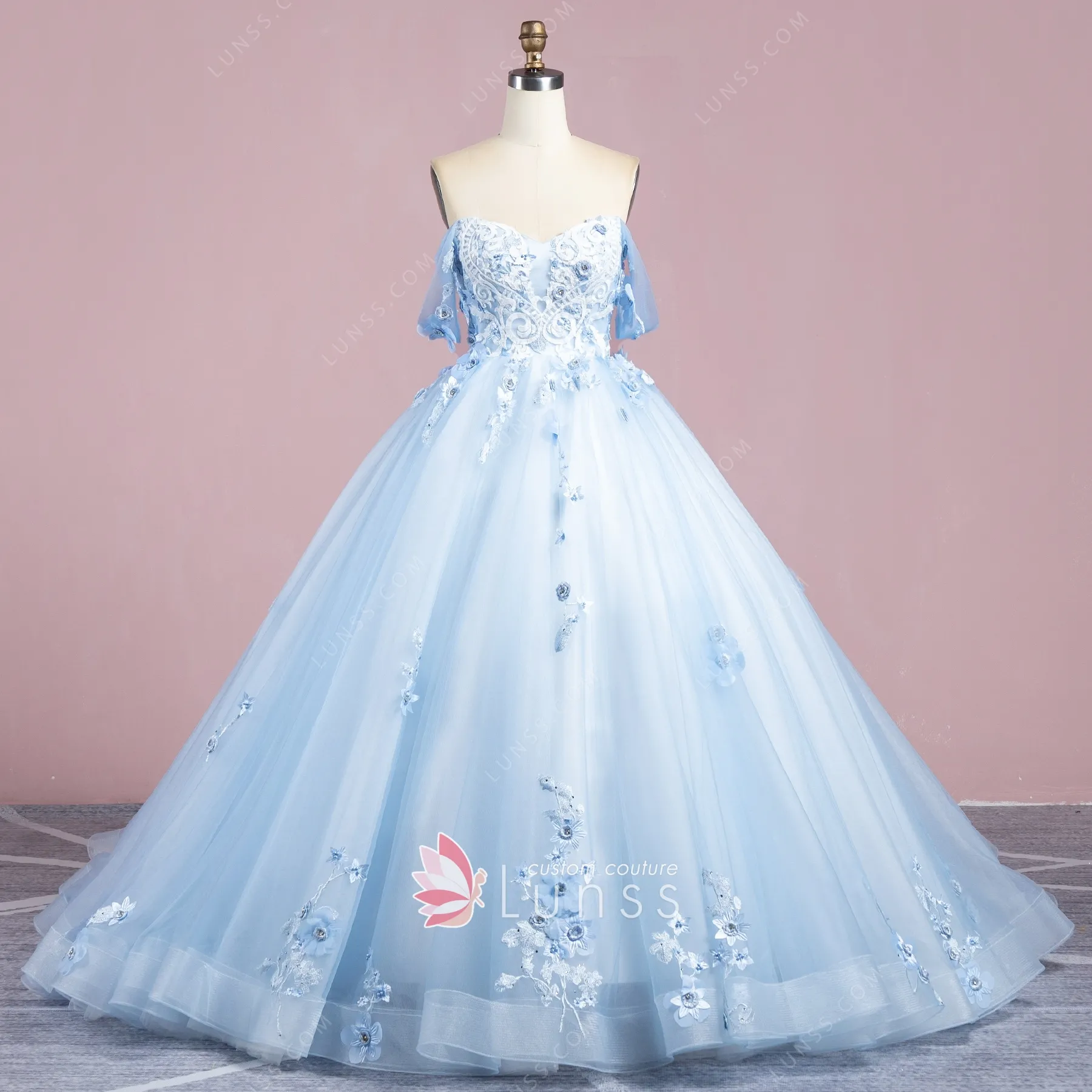 Pearled 3D Flower Lace Appliqued Blue Prom Ball Gown - Lunss
