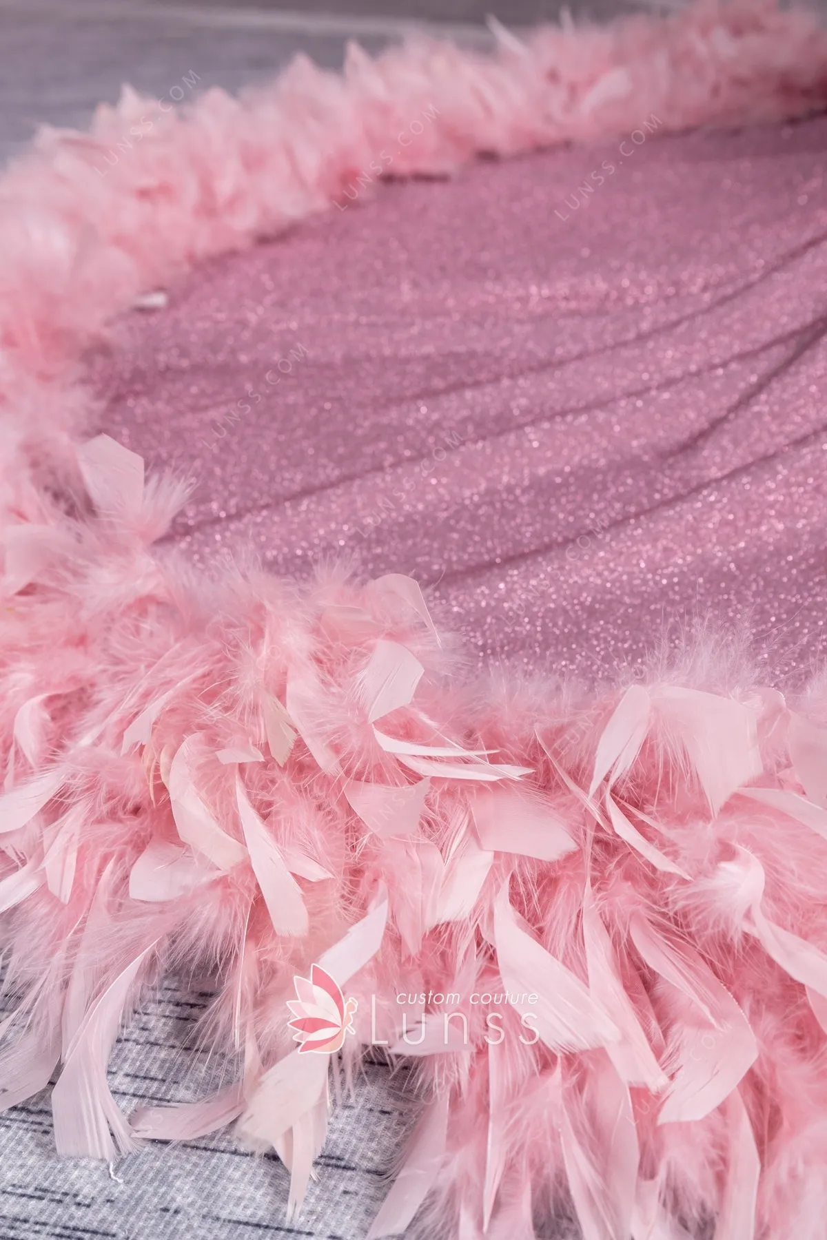 Dusty Rose Spandex Glitter with Feather Train Prom Dress - Lunss