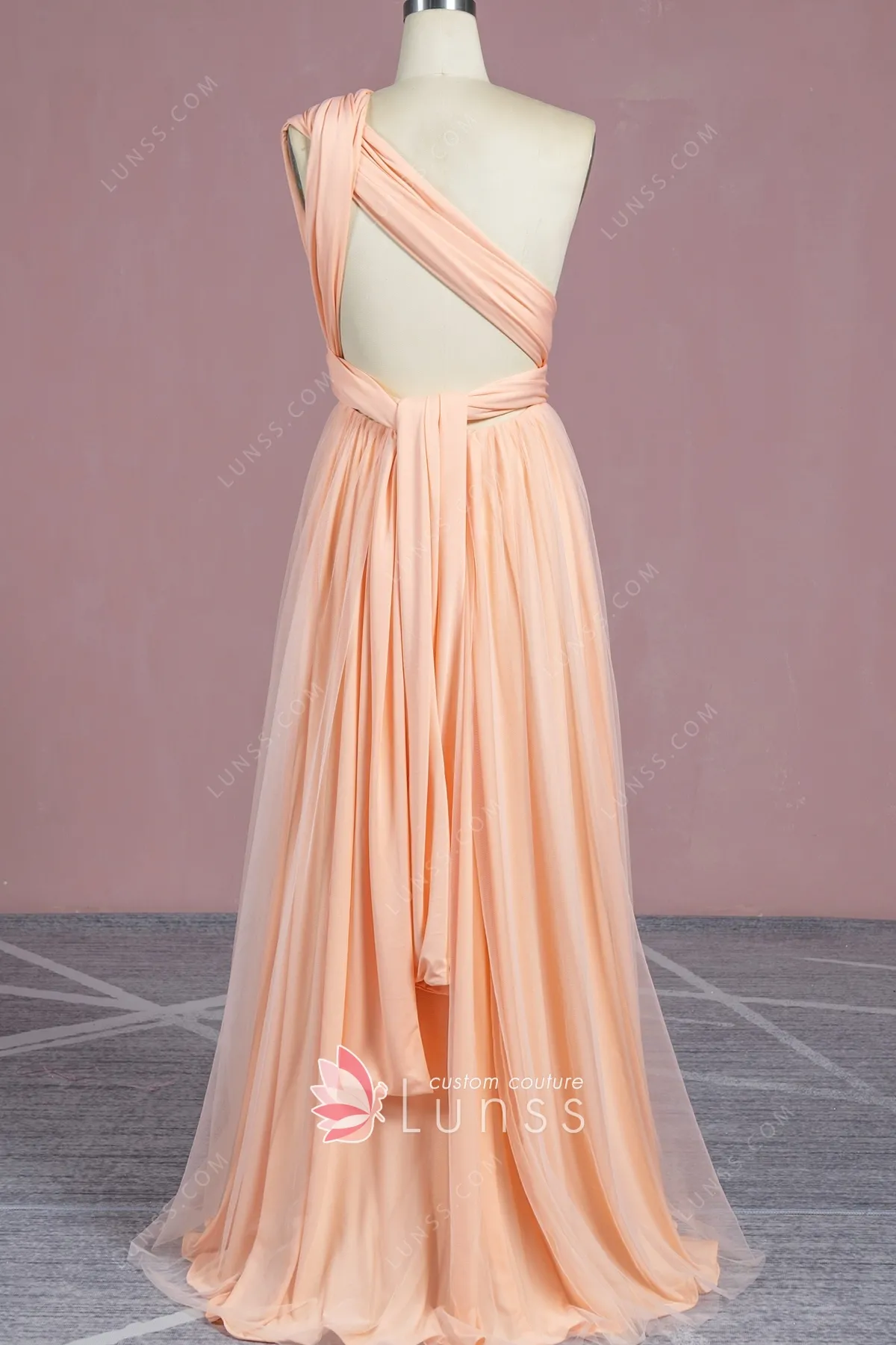 Stretchy Peach Jersey and Tulle Multiway Bridesmaid Dress - Lunss