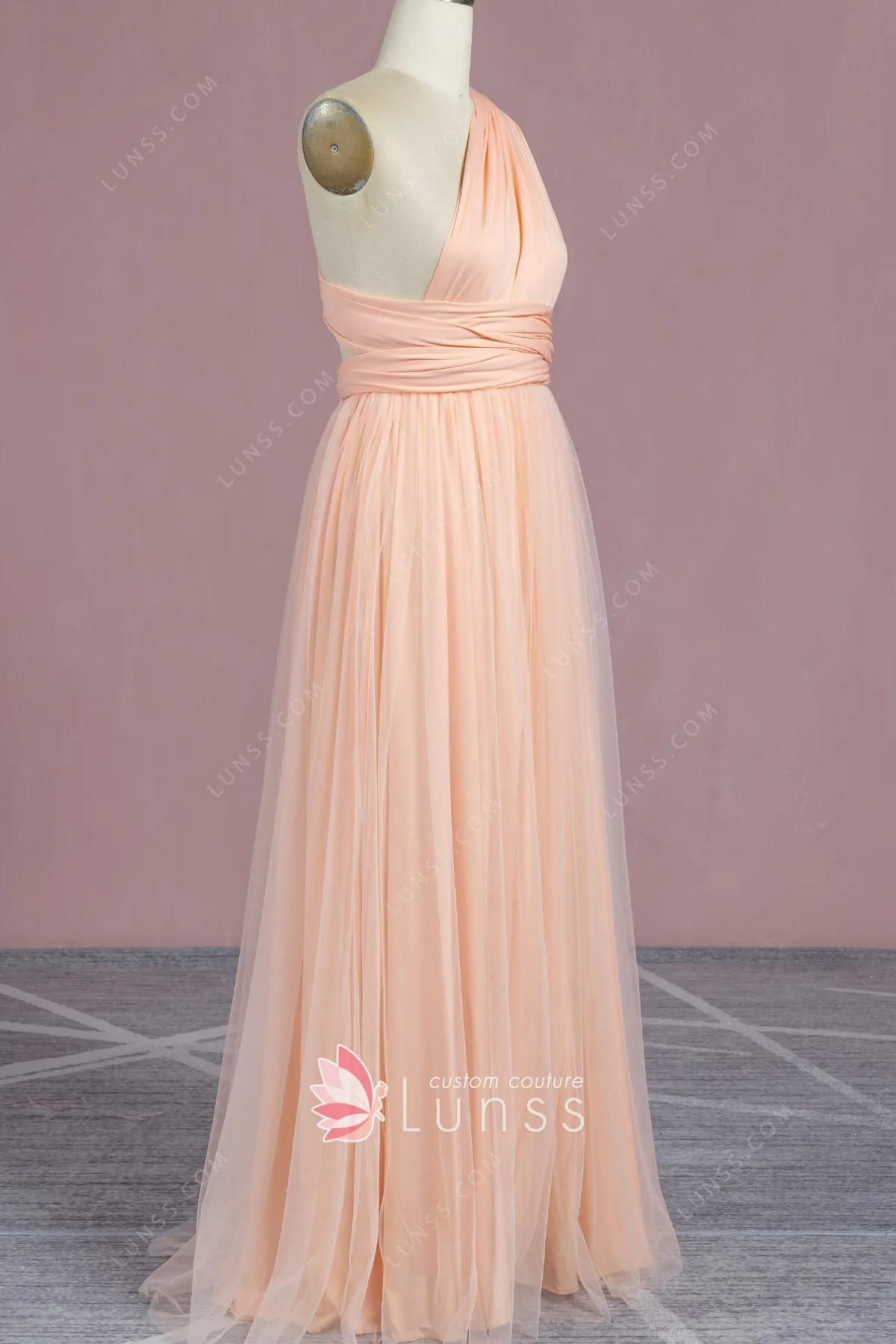 Stretchy Peach Jersey and Tulle Multiway Bridesmaid Dress - Lunss