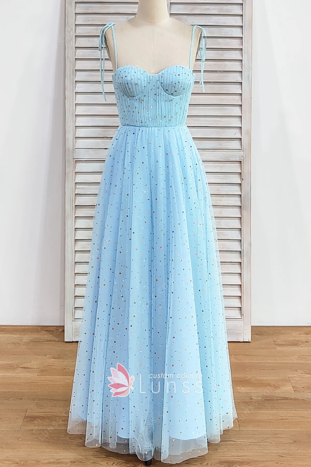 Gold Stars and Moons Sequinned Sky Blue Tulle Prom Dress - Lunss