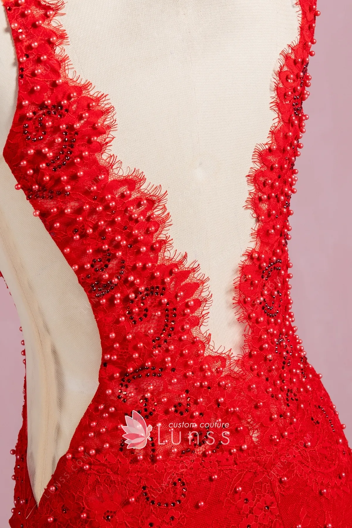 Pearls & Beads Red Lace Sexy Plunging Neck Slit Prom Gown - Lunss