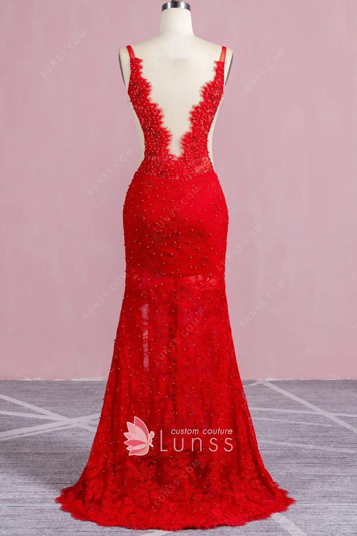 Pearls & Beads Red Lace Sexy Plunging Neck Slit Prom Gown - Lunss