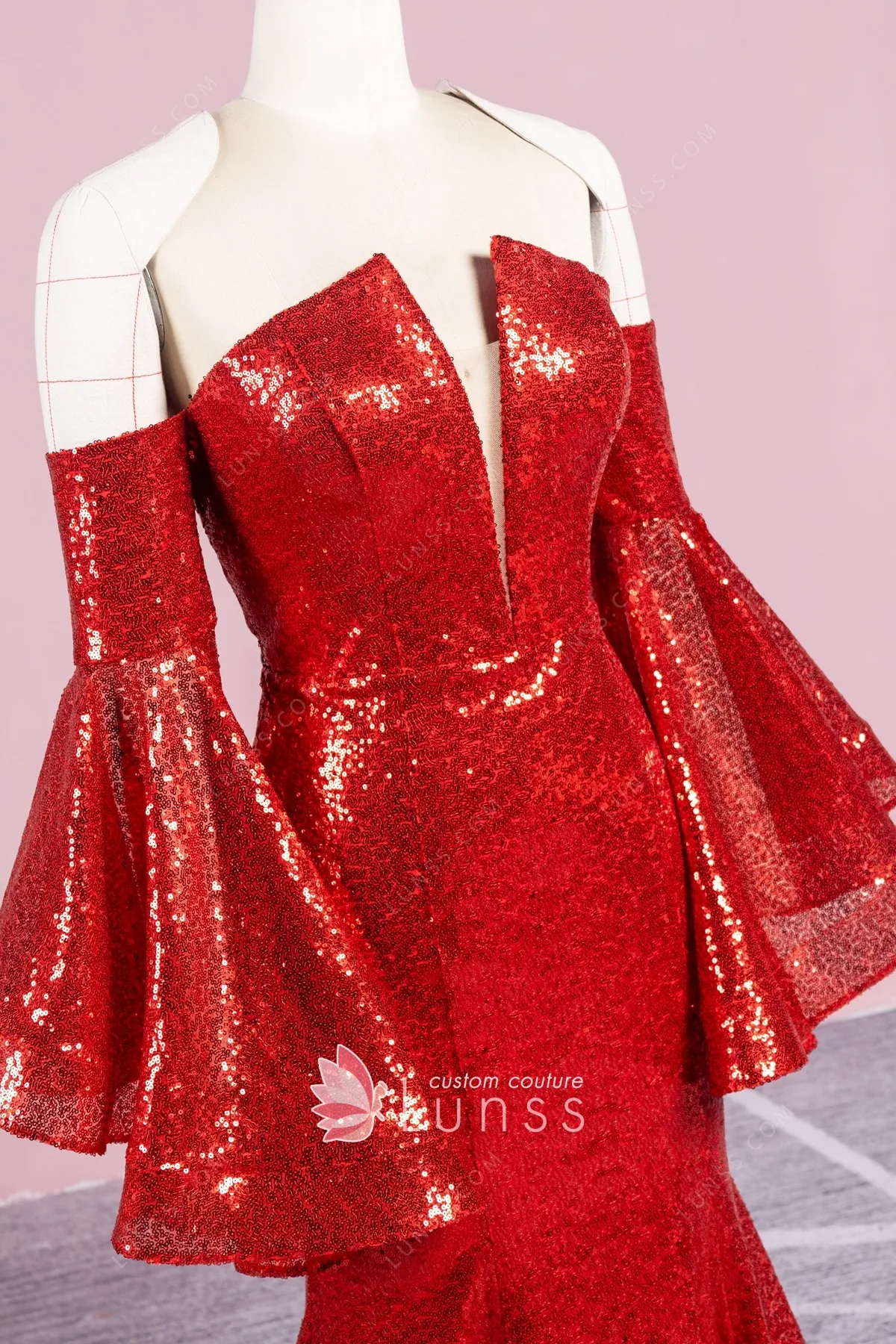 Shiny Bright Red Sequin Bell Sleeve Mermaid Prom Dress - Lunss