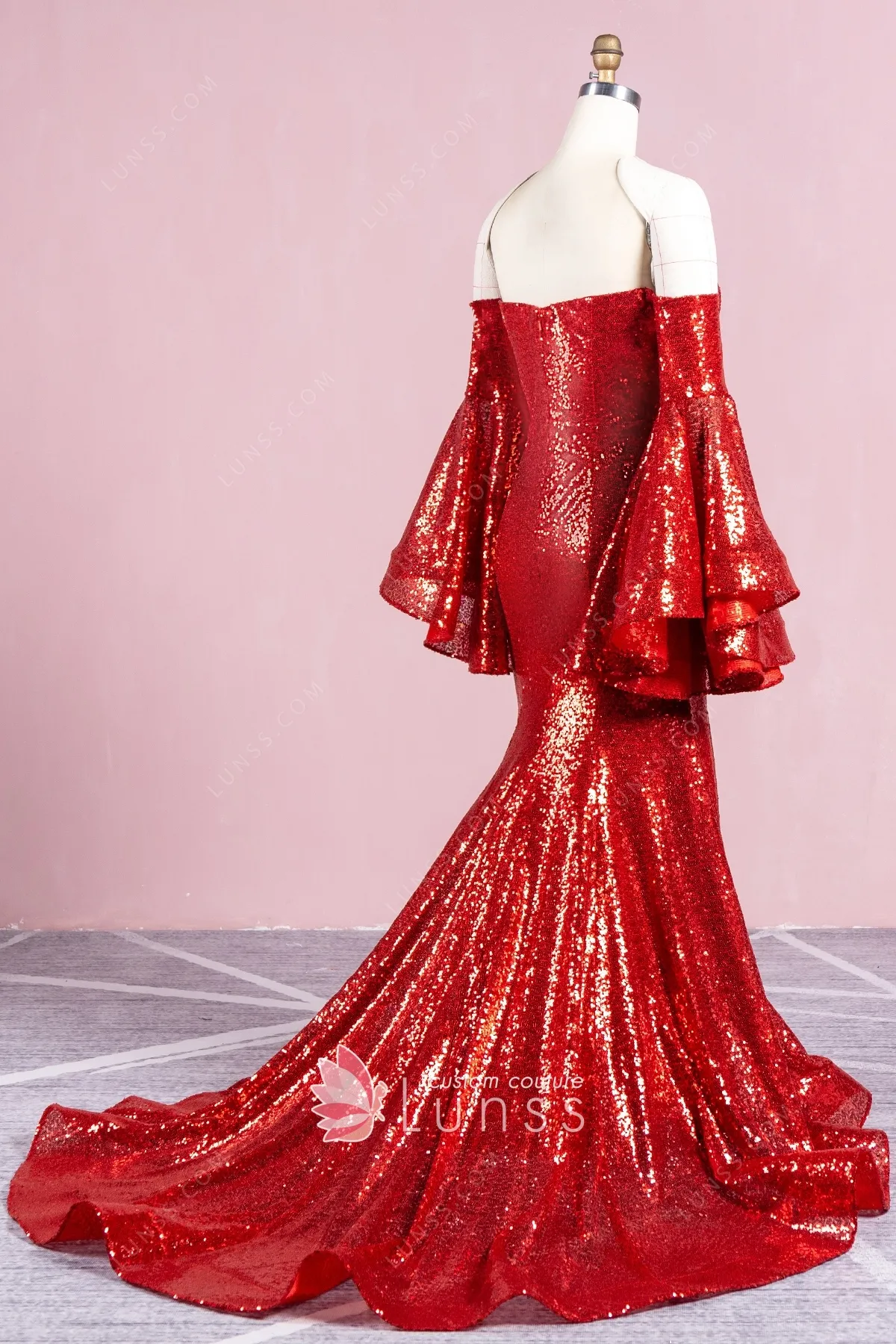 Shiny Bright Red Sequin Bell Sleeve Mermaid Prom Dress - Lunss