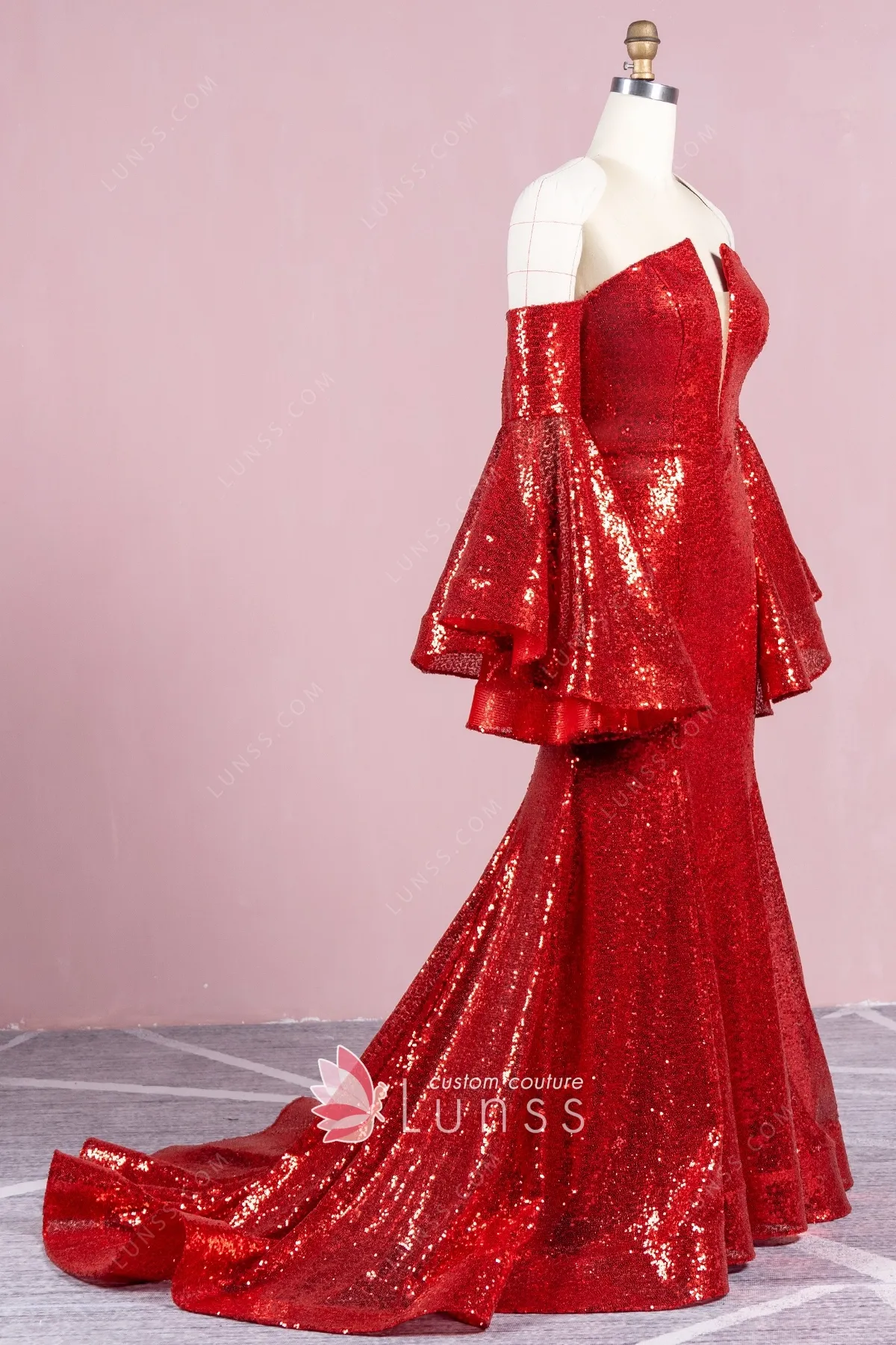 Shiny Bright Red Sequin Bell Sleeve Mermaid Prom Dress - Lunss