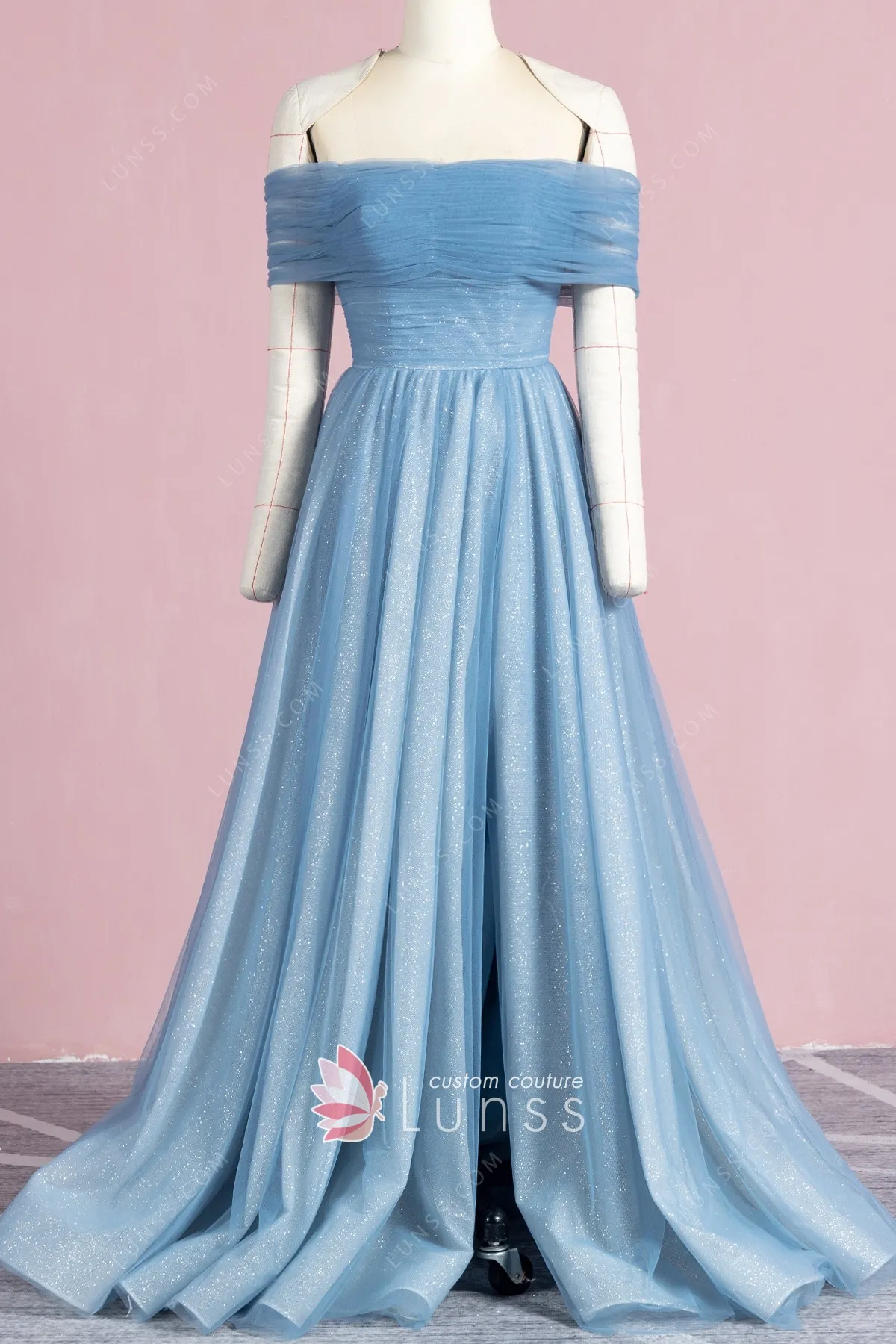 Off-shoulder Dusty Blue Tulle Glitter Lining Formal Dress - Lunss