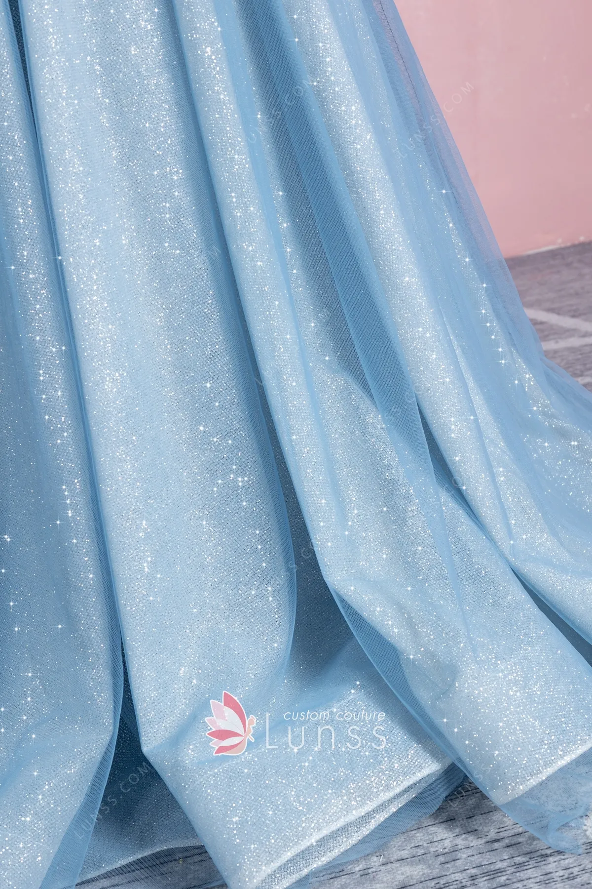 Off-shoulder Dusty Blue Tulle Glitter Lining Formal Dress - Lunss