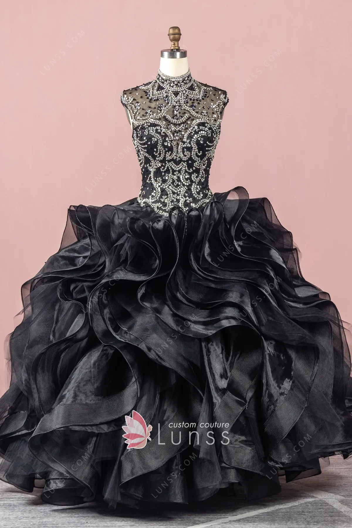 Luxury Beaded Flounced Black Organza Corset Ball Gown - Lunss