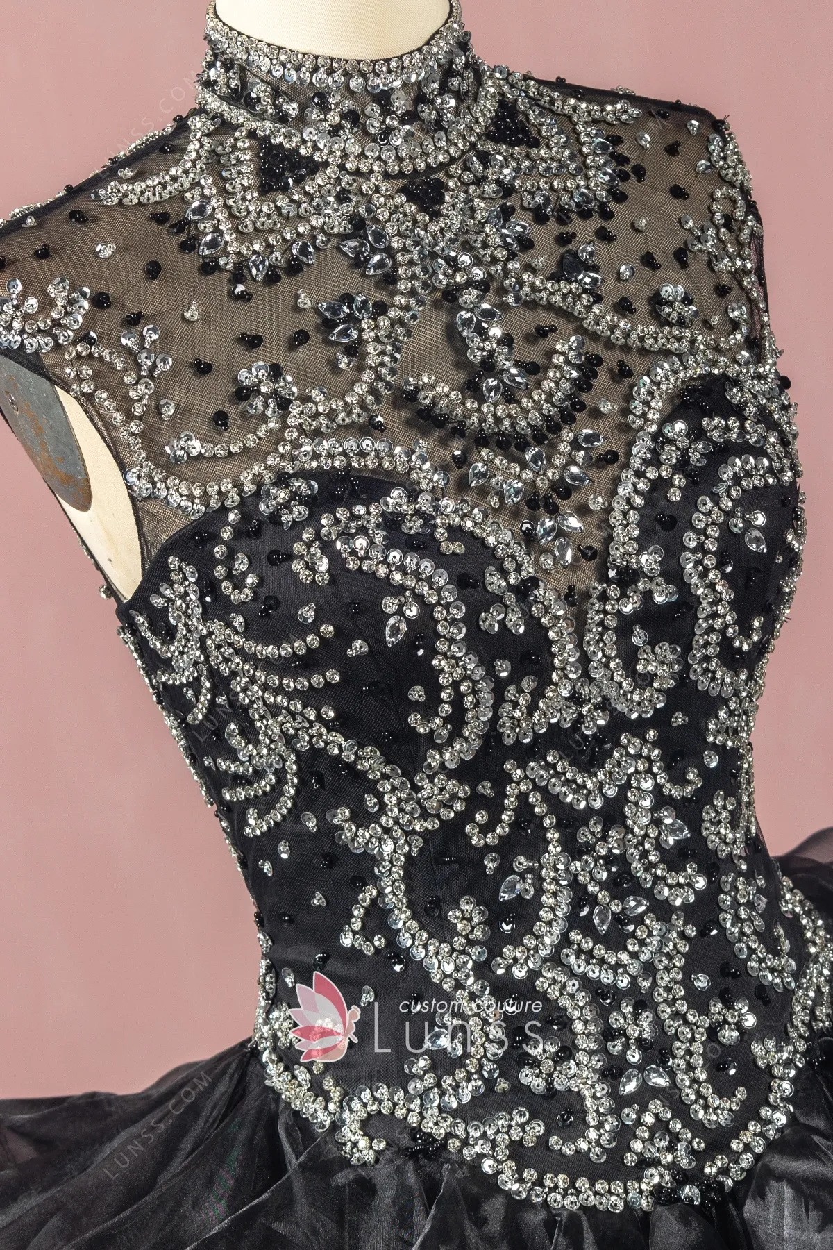 Luxury Beaded Flounced Black Organza Corset Ball Gown - Lunss