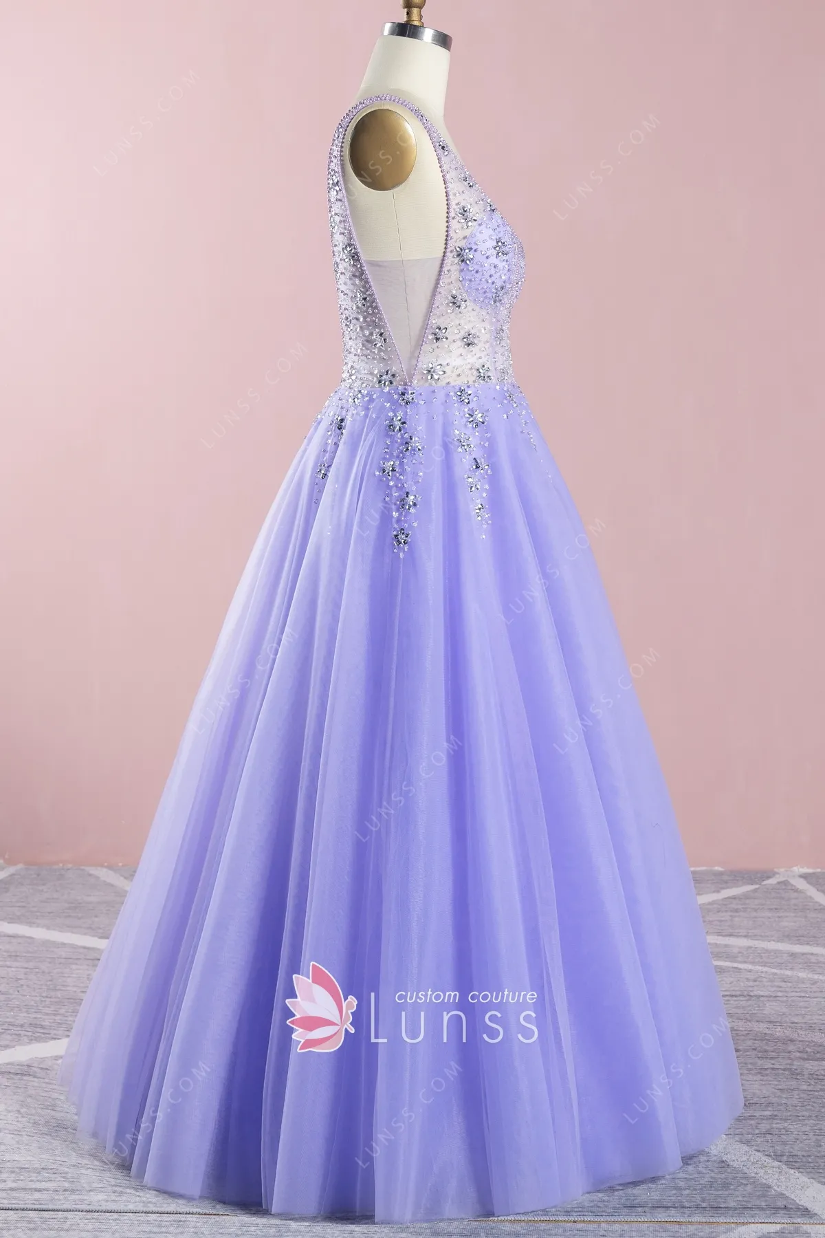 Charming Beaded Sheer Bodice Lavender Evening Prom Gown - Lunss