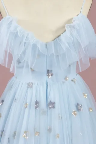 Fairy Gold & Silver Stars Sequinned Ice Blue Tulle Dress - Lunss