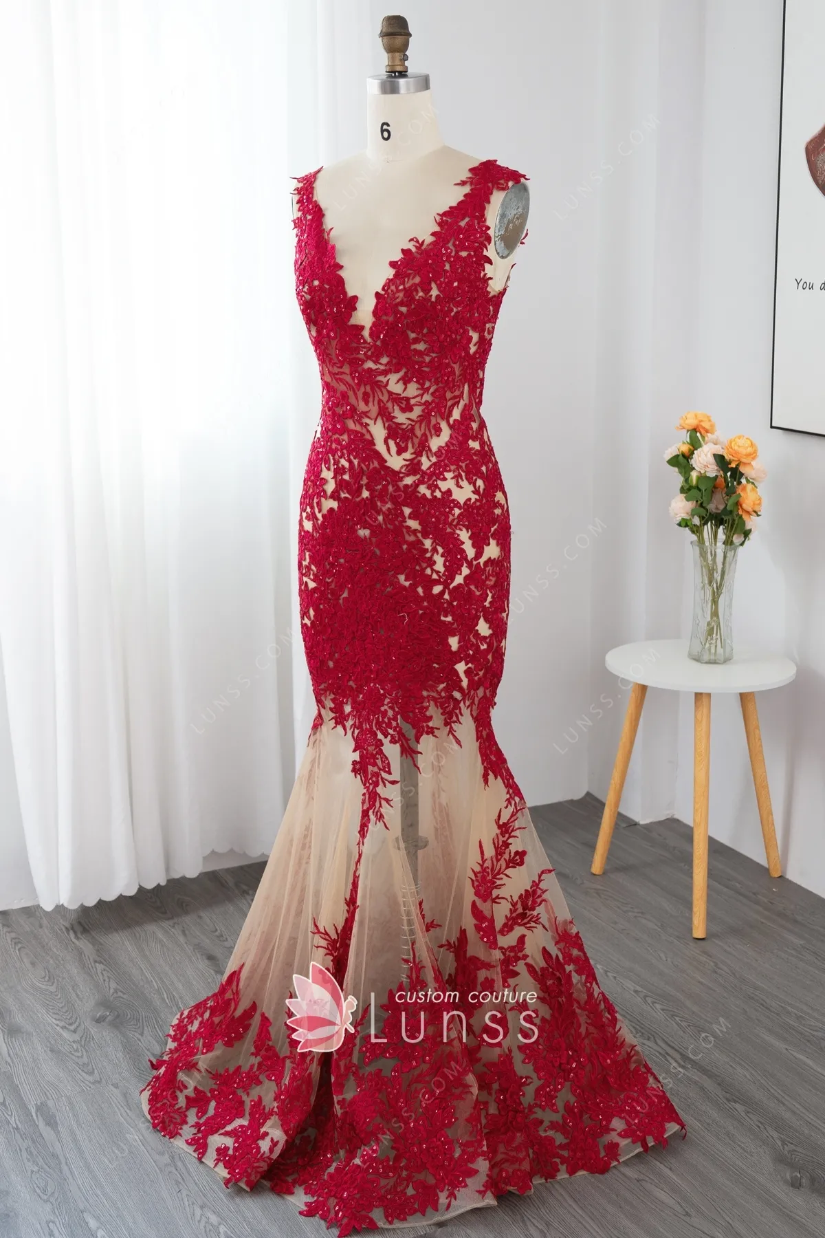 Beaded Floral Leaf Red Lace Sheer Mermaid Formal Gown - Lunss