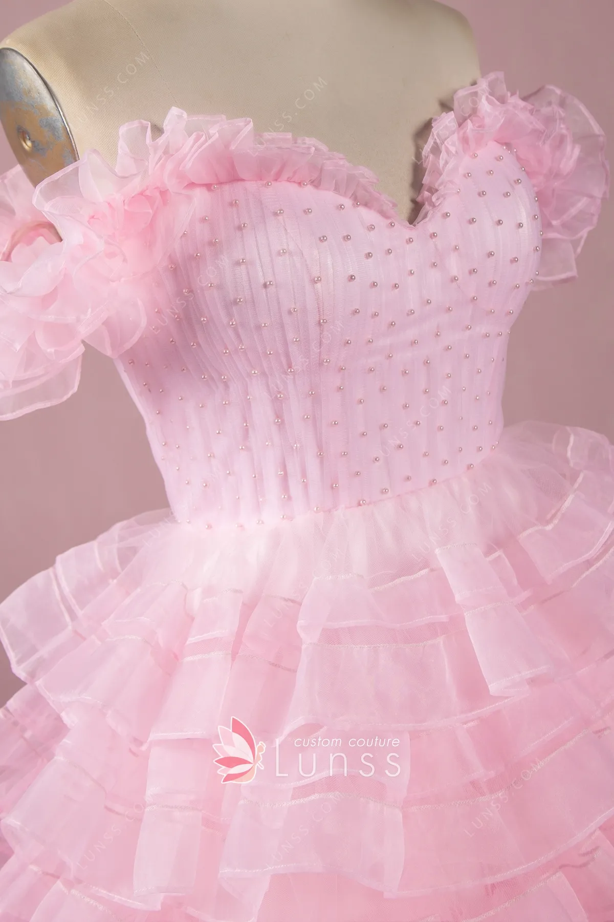 Ruffled Off-the-shoulder Tiered Pink Princess Prom Dress - Lunss