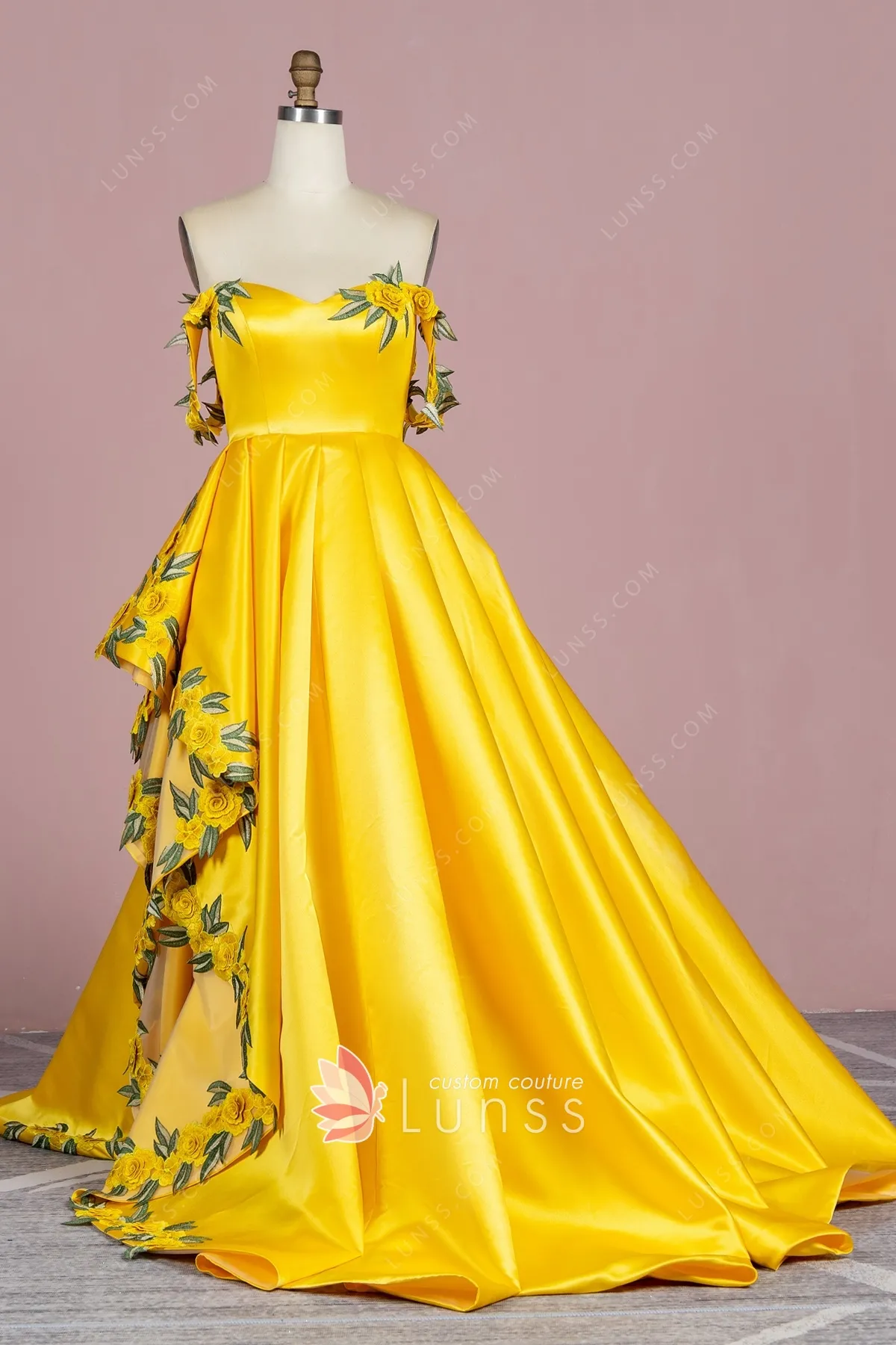 3D Flowers Asymmetrical Split Yellow Satin Prom Dress - Lunss