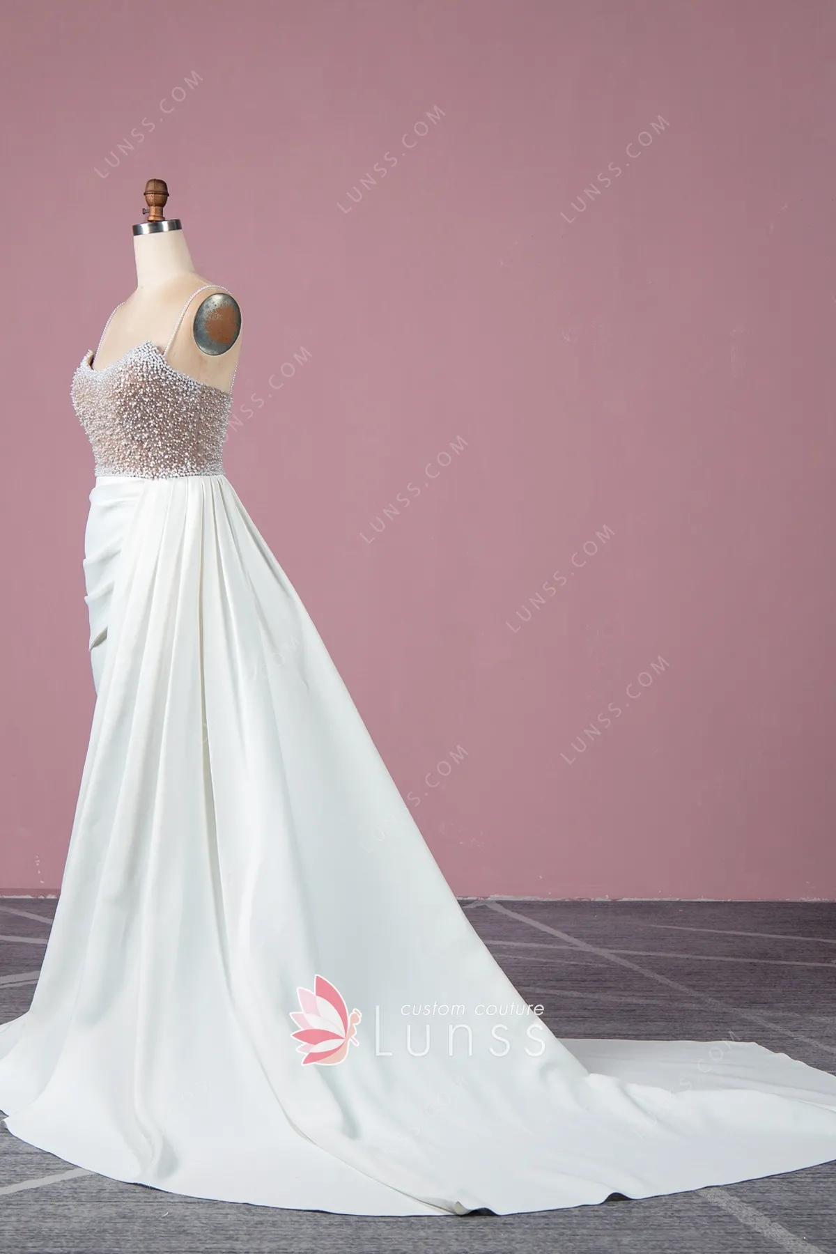Luxury Pearls Beaded Asymmetrical Long Train Prom Dress - Lunss