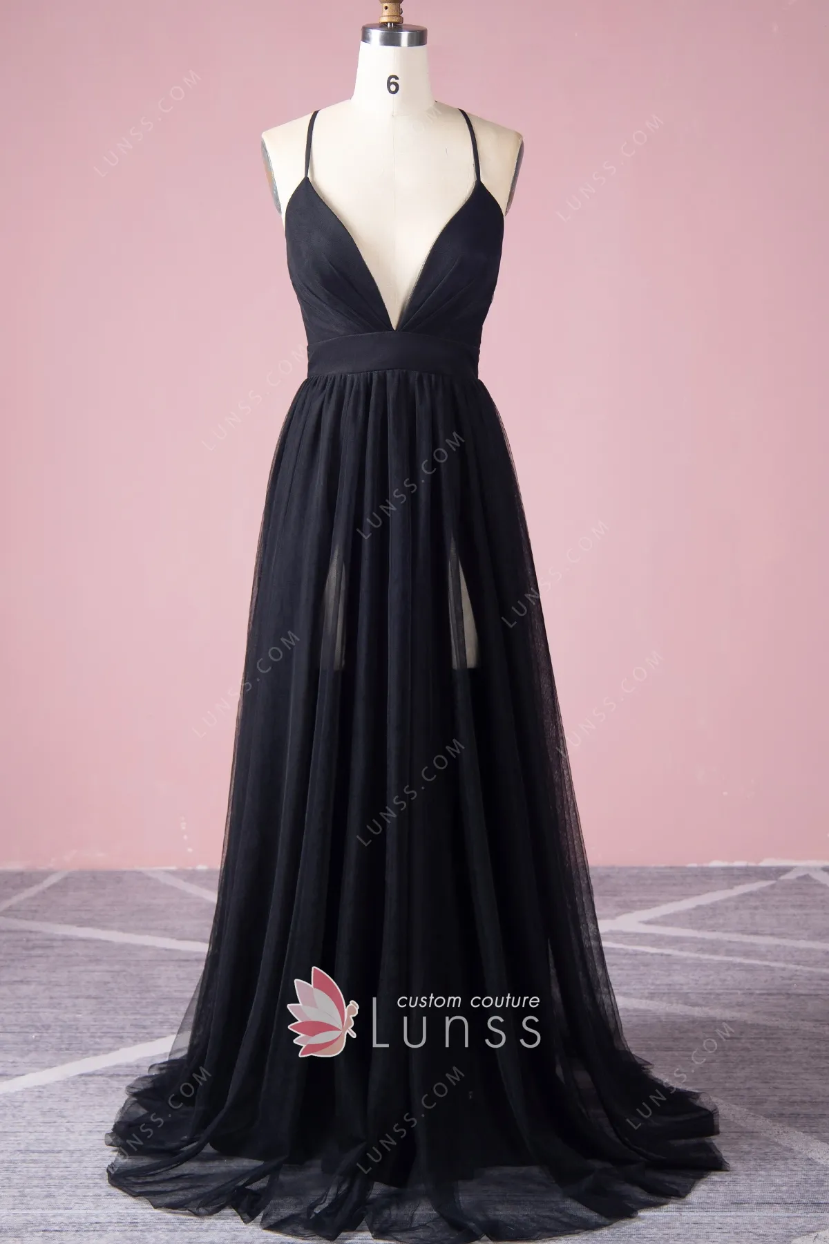 Sexy dubbel bobeen-hoë spleet Swart Tule V-nek Prom Dress - Lunss