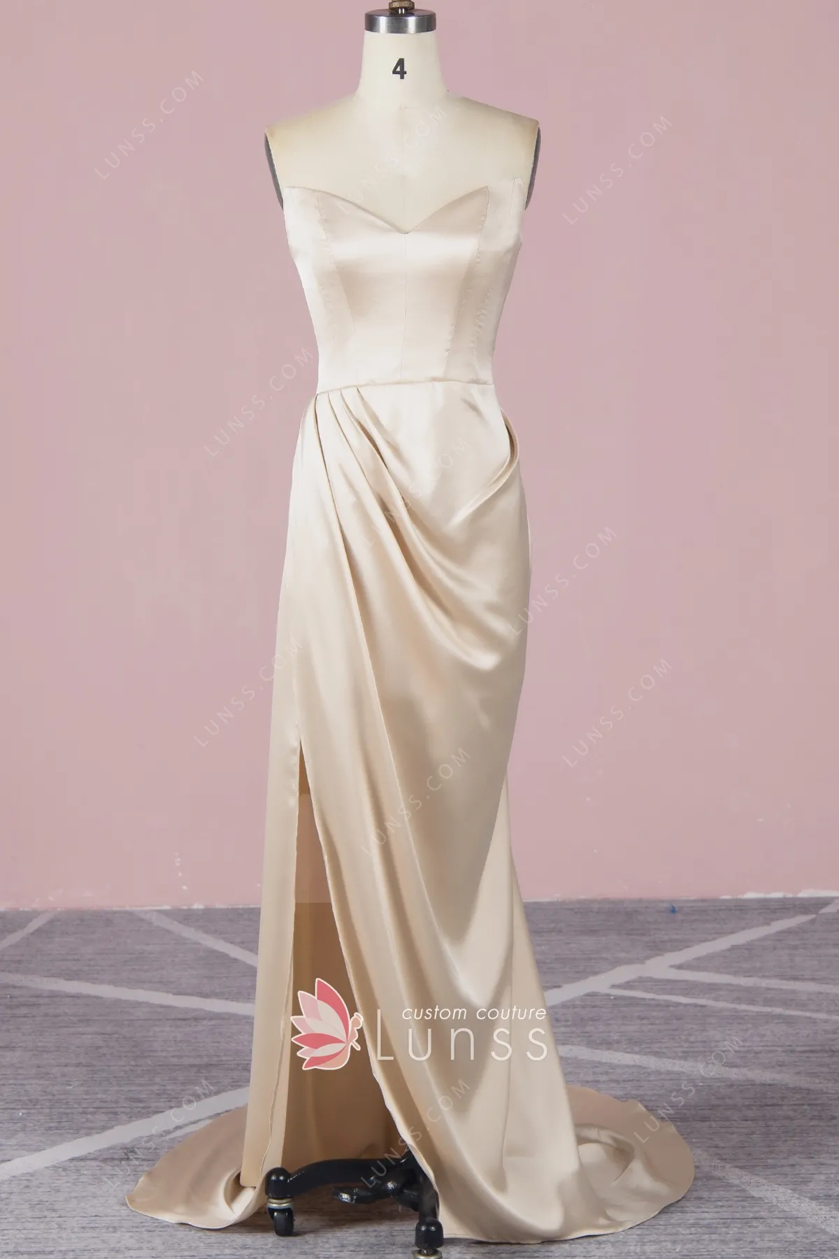 Feminine Sexy Champagne Satin Draped Split Evening Dress - Lunss