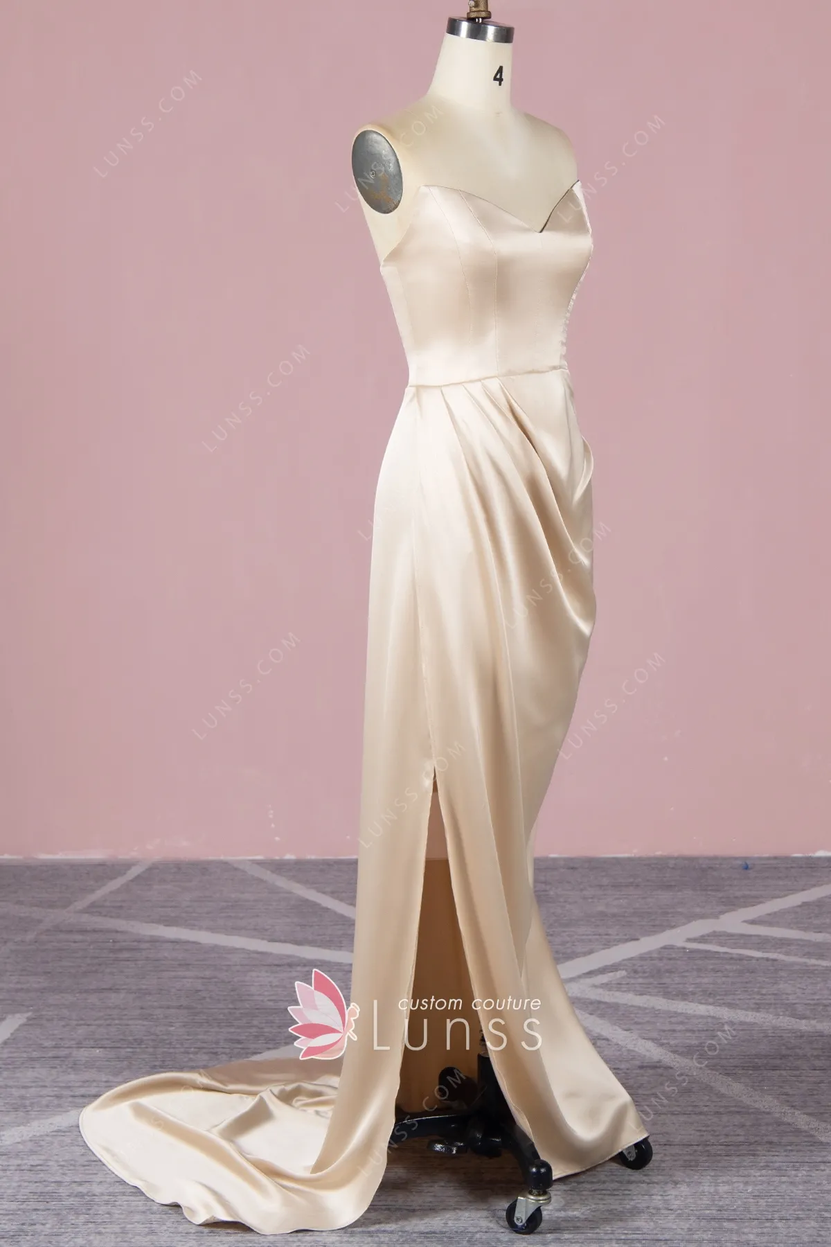 Feminine Sexy Champagne Satin Draped Split Evening Dress - Lunss