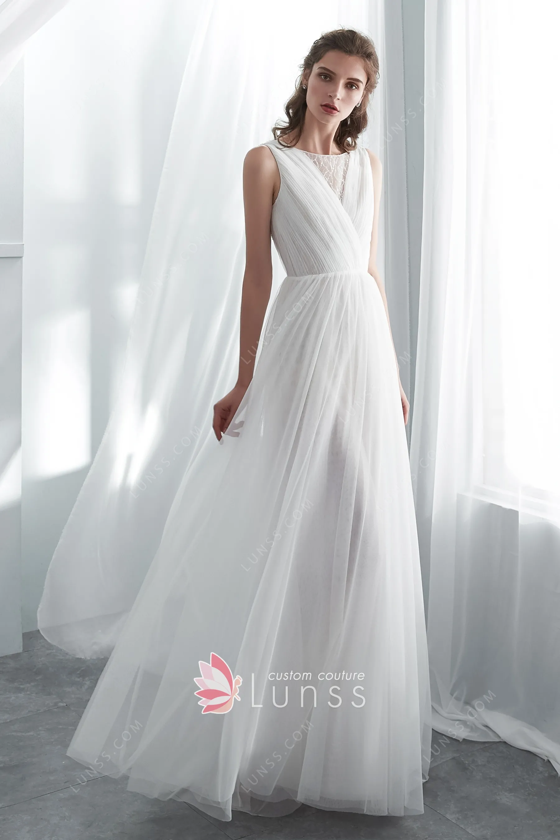 Illusion Neck Pleated Tulle Simple Beach Wedding Dress - Lunss