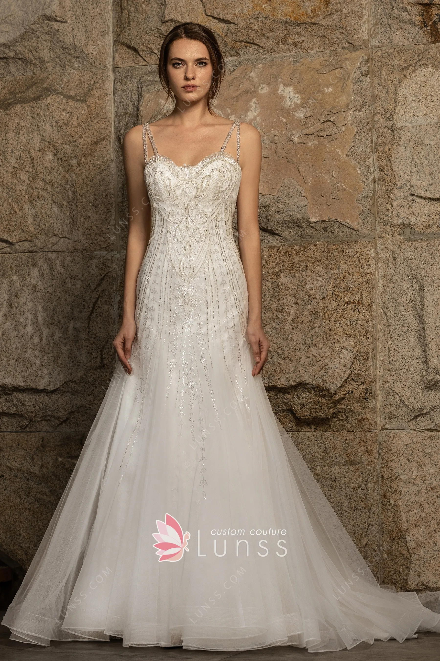 Shimmering Beaded Straps Tulle Mermaid Fall Wedding Dress - Lunss