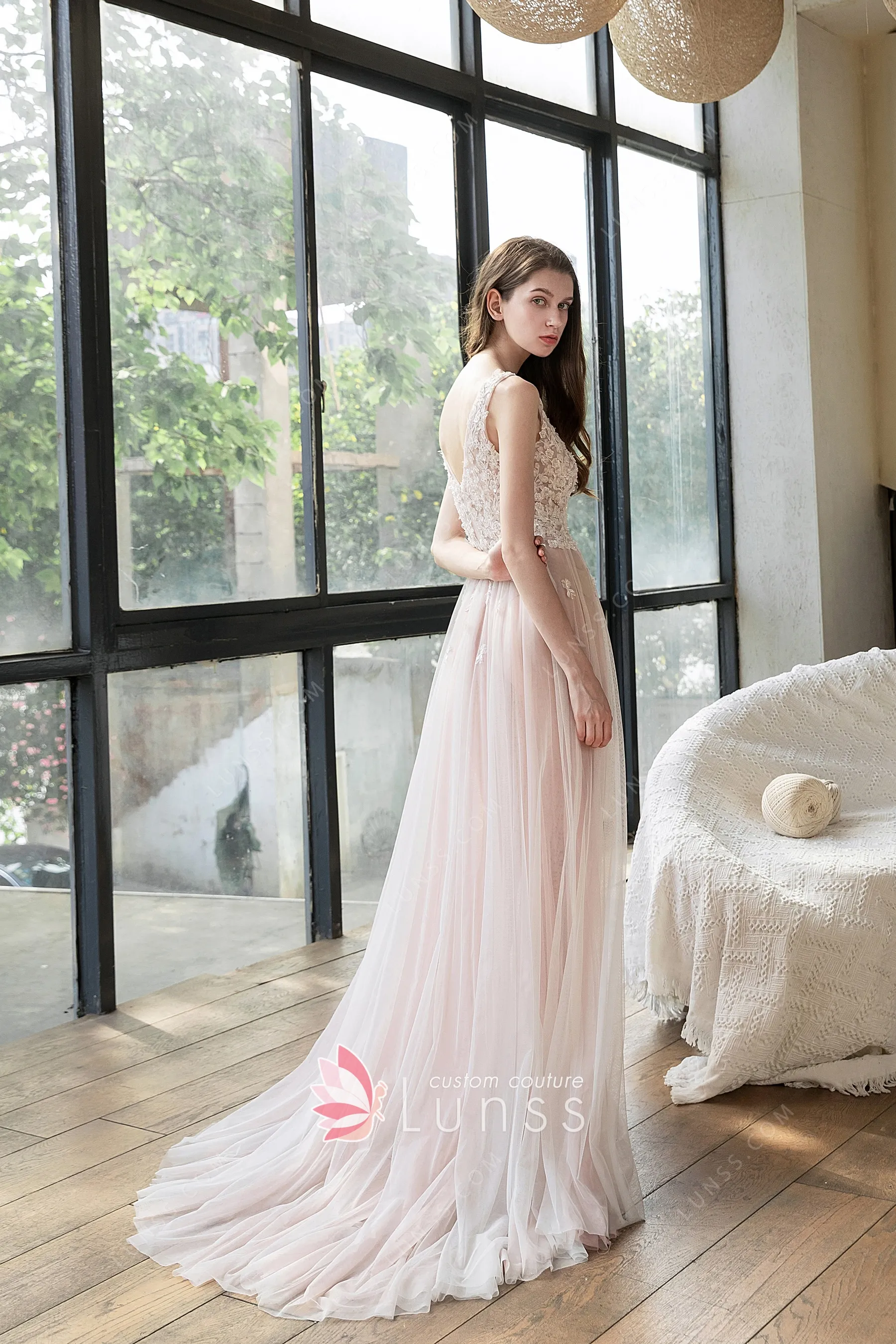 Dusty Rose Beaded Lace Sheer Tulle Summer Bridal Dress - Lunss