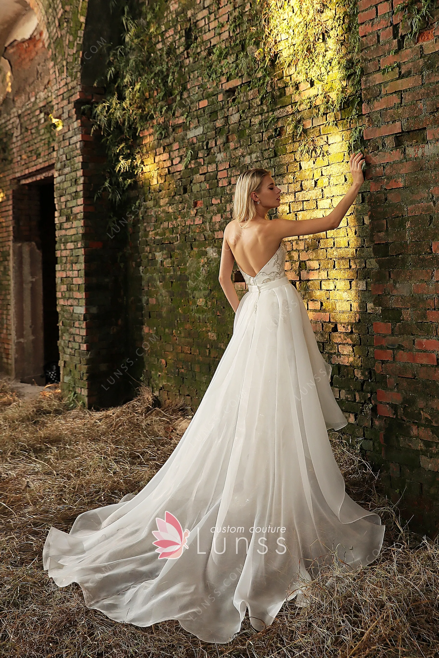 Champagne Beadwork Sheath Organza Overskirt Wedding Dress - Lunss