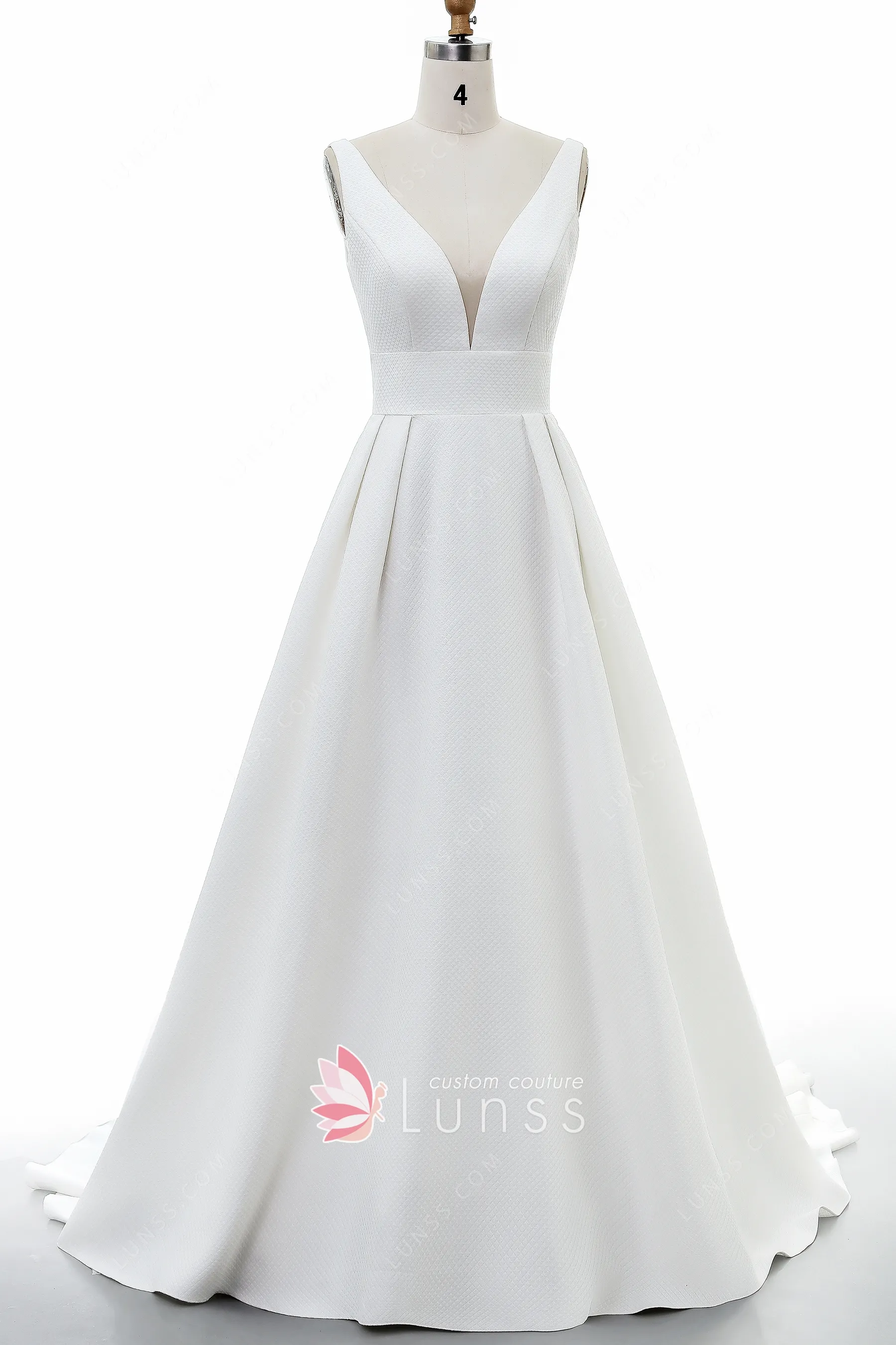 plunging-v-neck-a-line-texured-wedding-gown-with-pockets-lunss