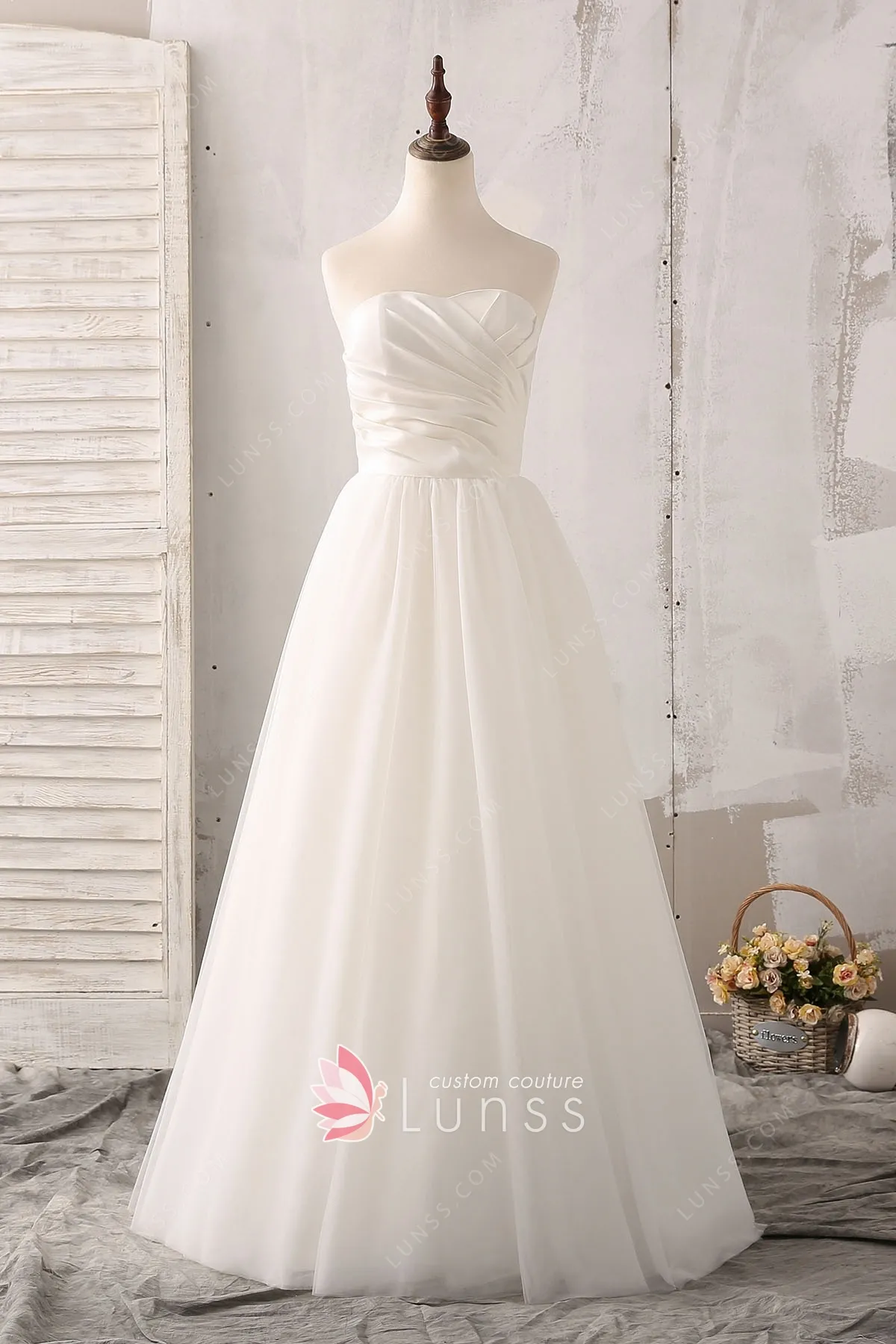Strapless Draped Satin Tulle A-line Simple Bridal Dress - Lunss