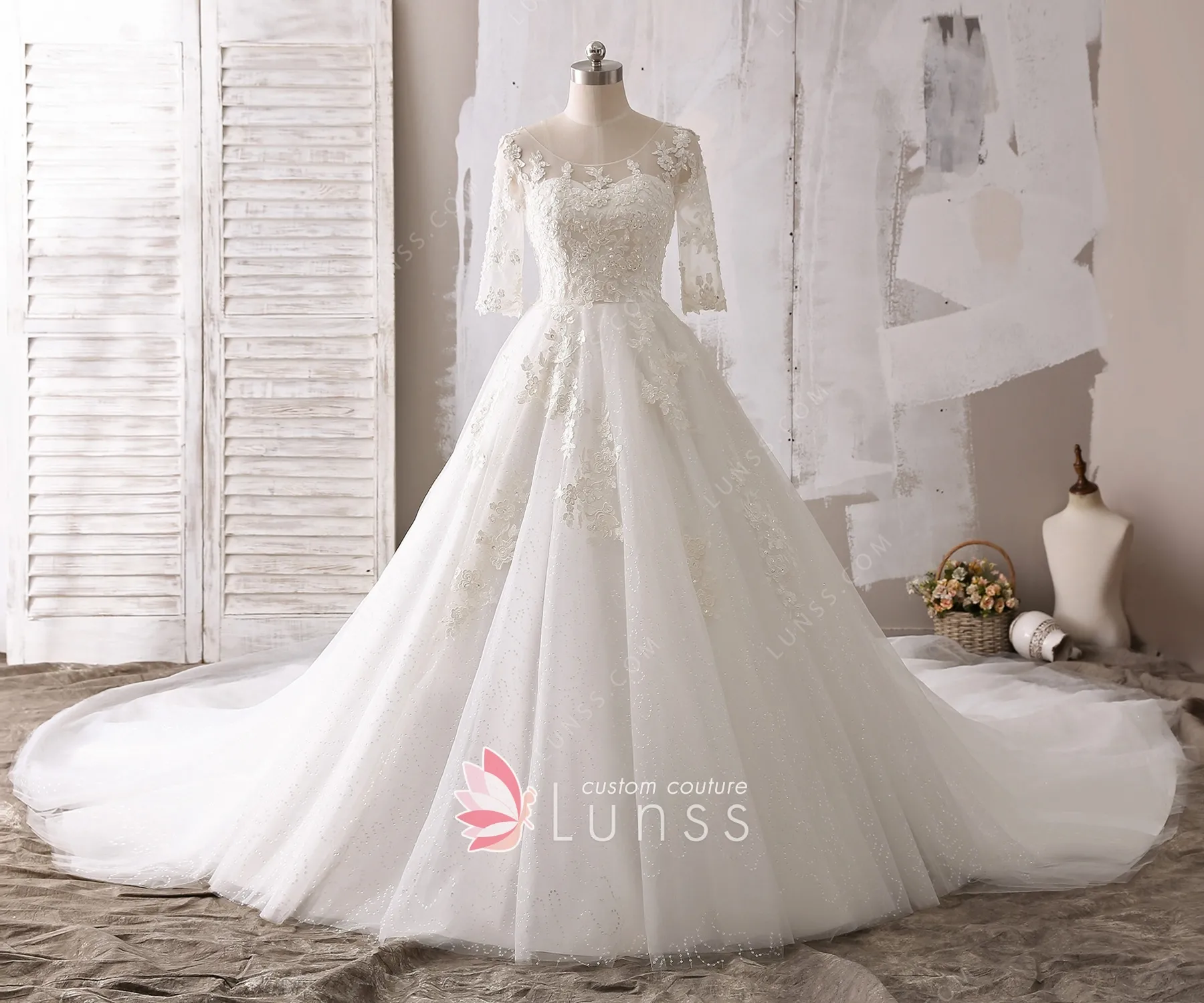 Classic Beaded Lace Cathedral Train Wedding Ball Gown - Lunss