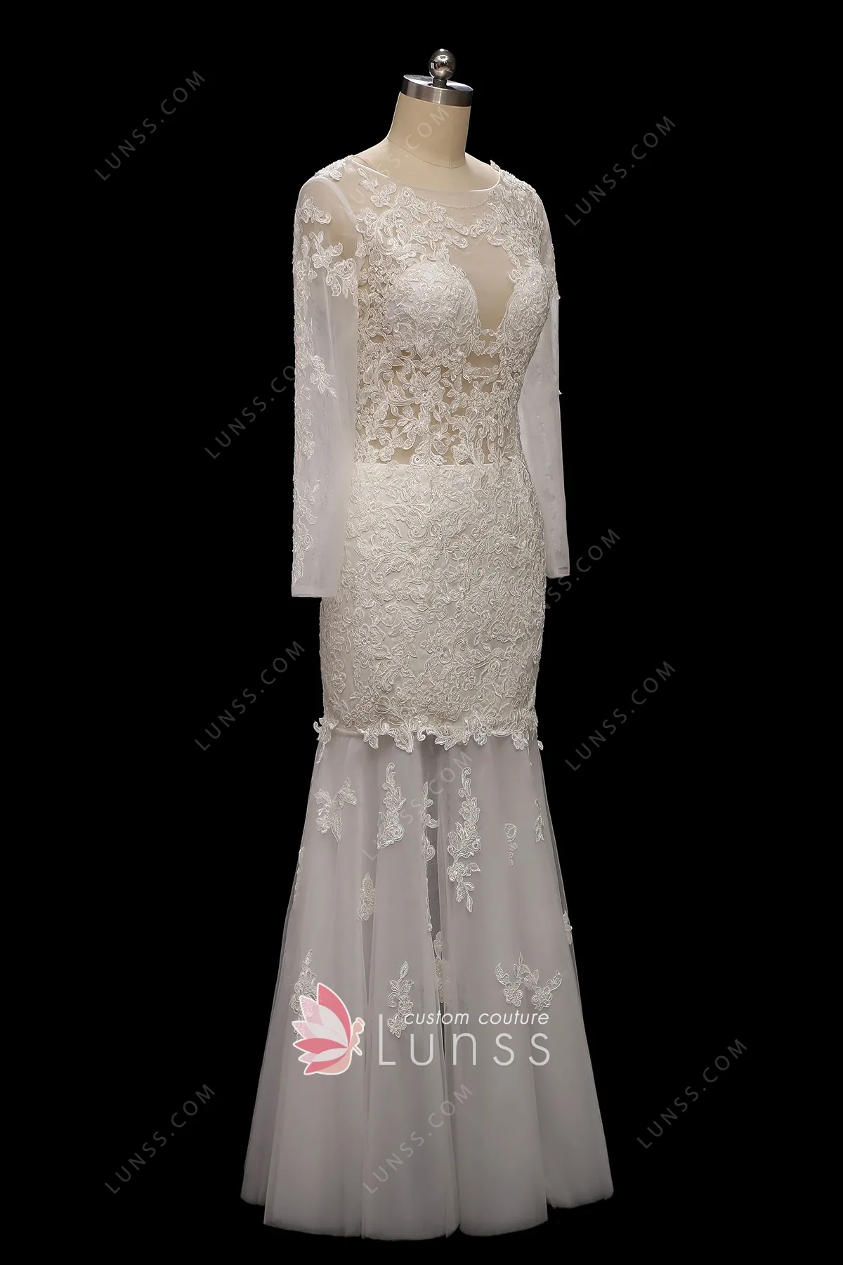 Detachable Tulle Skirt Illusion Bodice Lace Wedding Dress - Lunss