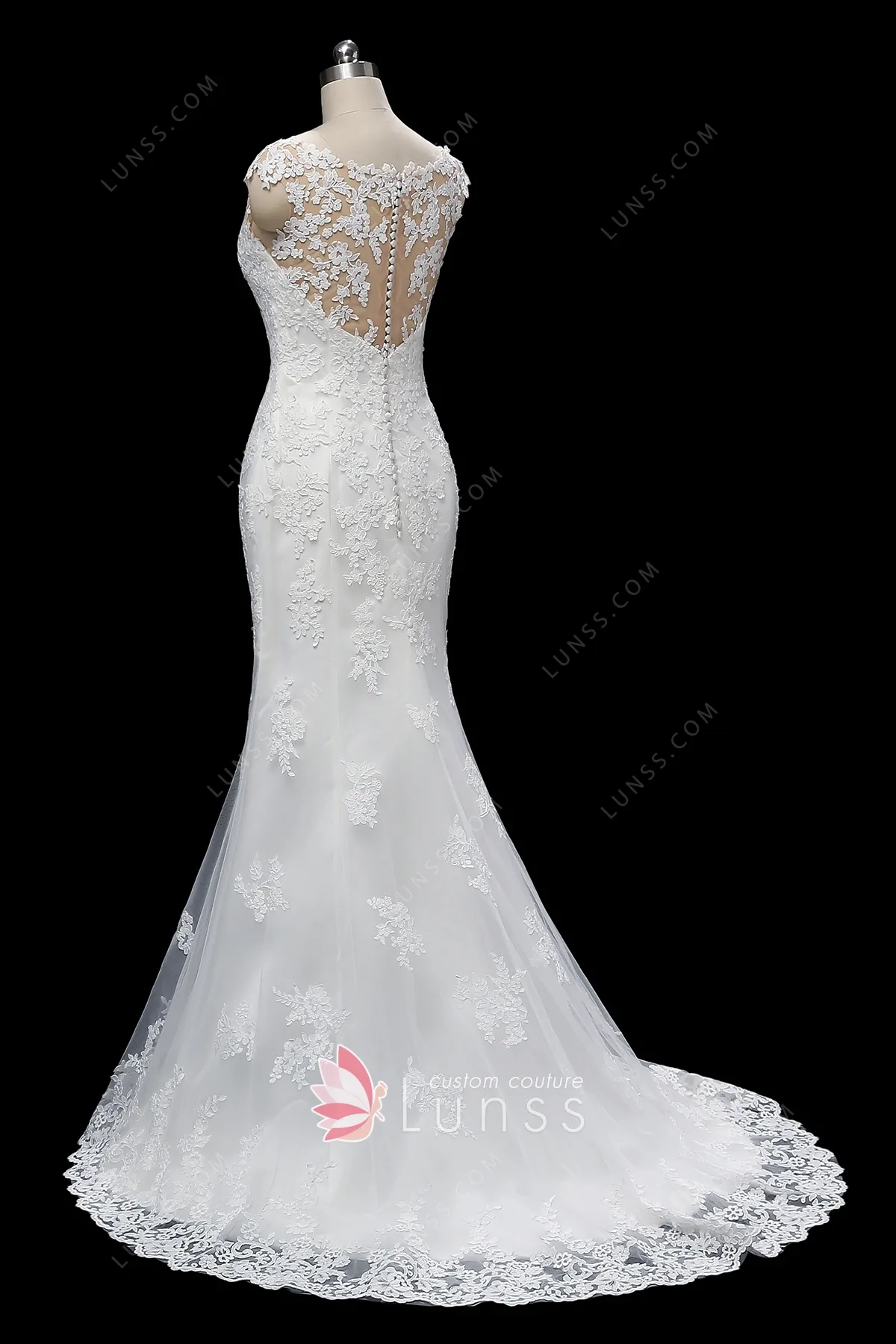 Illusion Cap Sleeve Designer Lace Mermaid Wedding Dress - Lunss