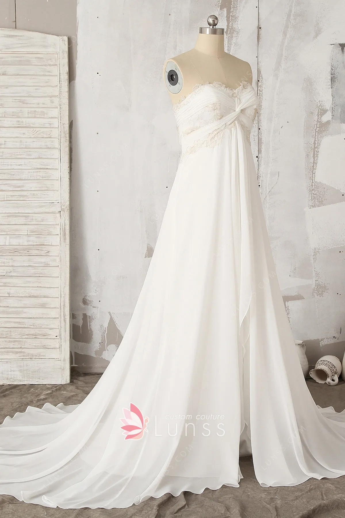 Gold Glitter Lace Empire Waist Ivory Chiffon Bridal Dress - Lunss