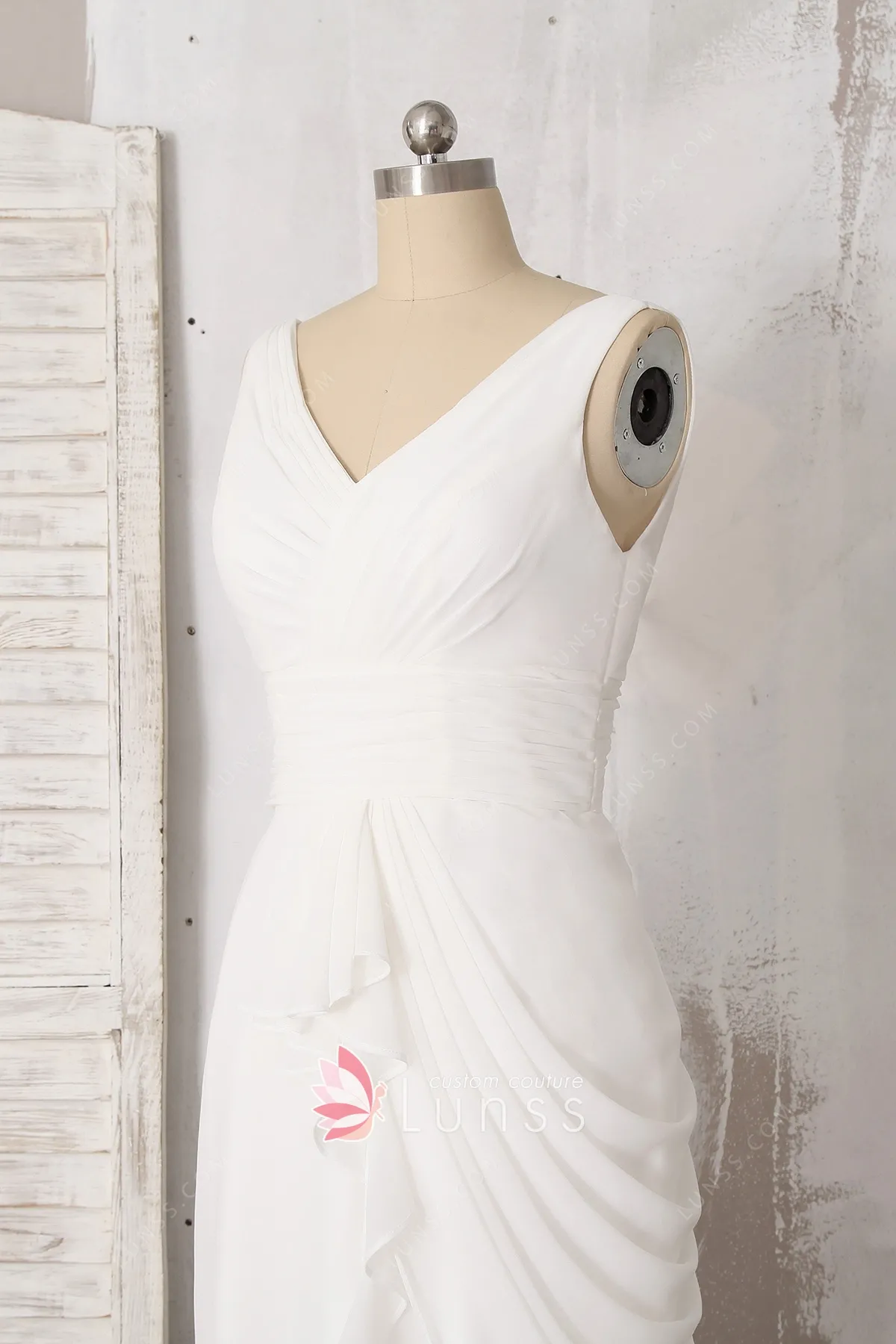 Side Draped Ivory Chiffon V-neck A-line Wedding Dress - Lunss